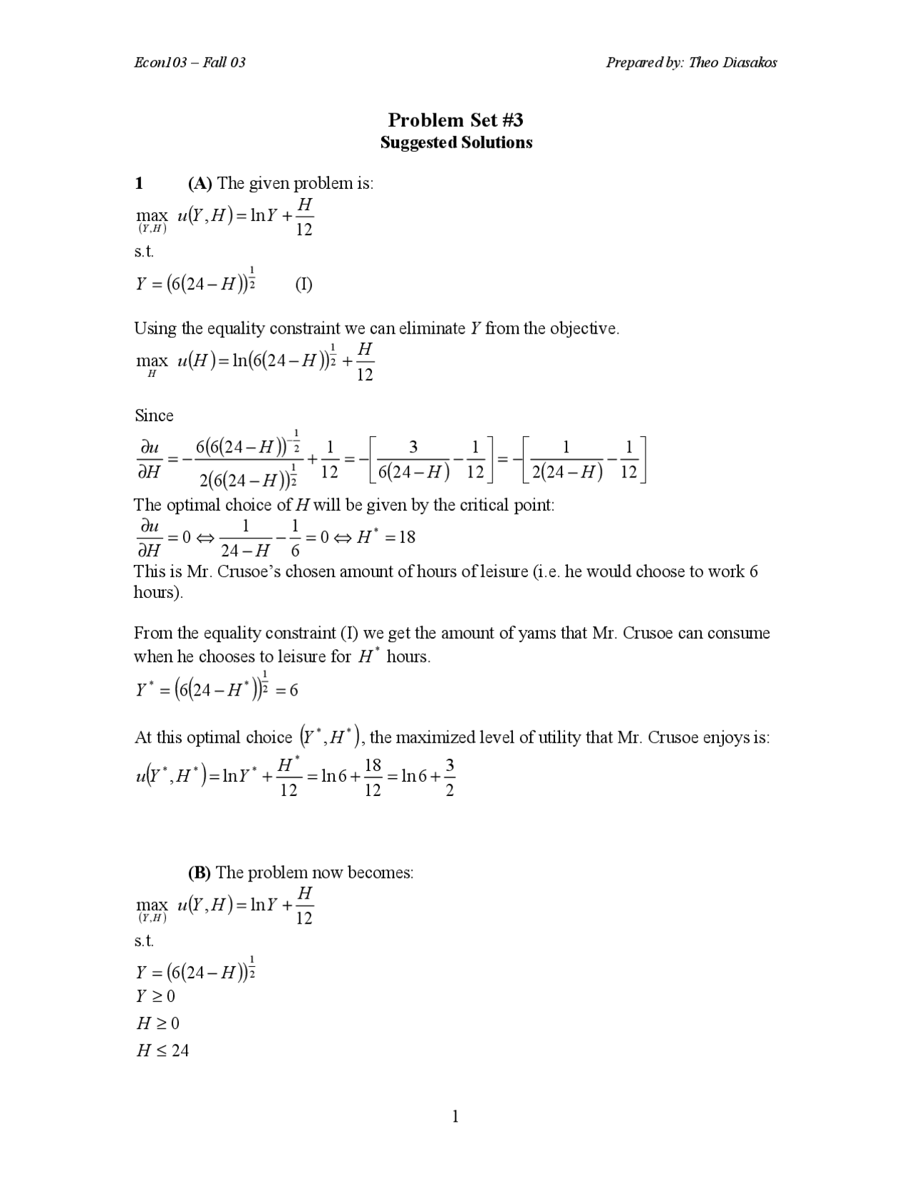 Problem Set 3 With Suggested Solutions Mathematical Economics Econ