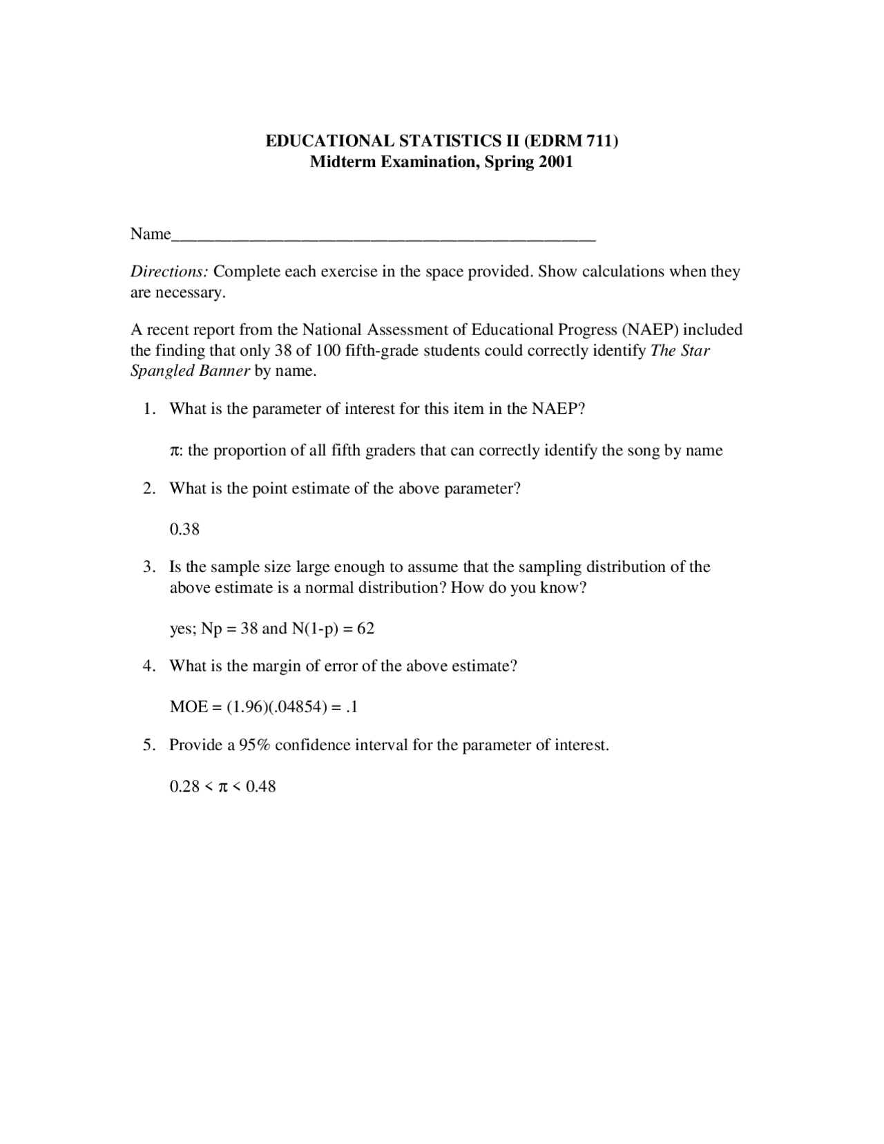Educational Statistics Ii Midterm Exam 1 Questions Spring 2001