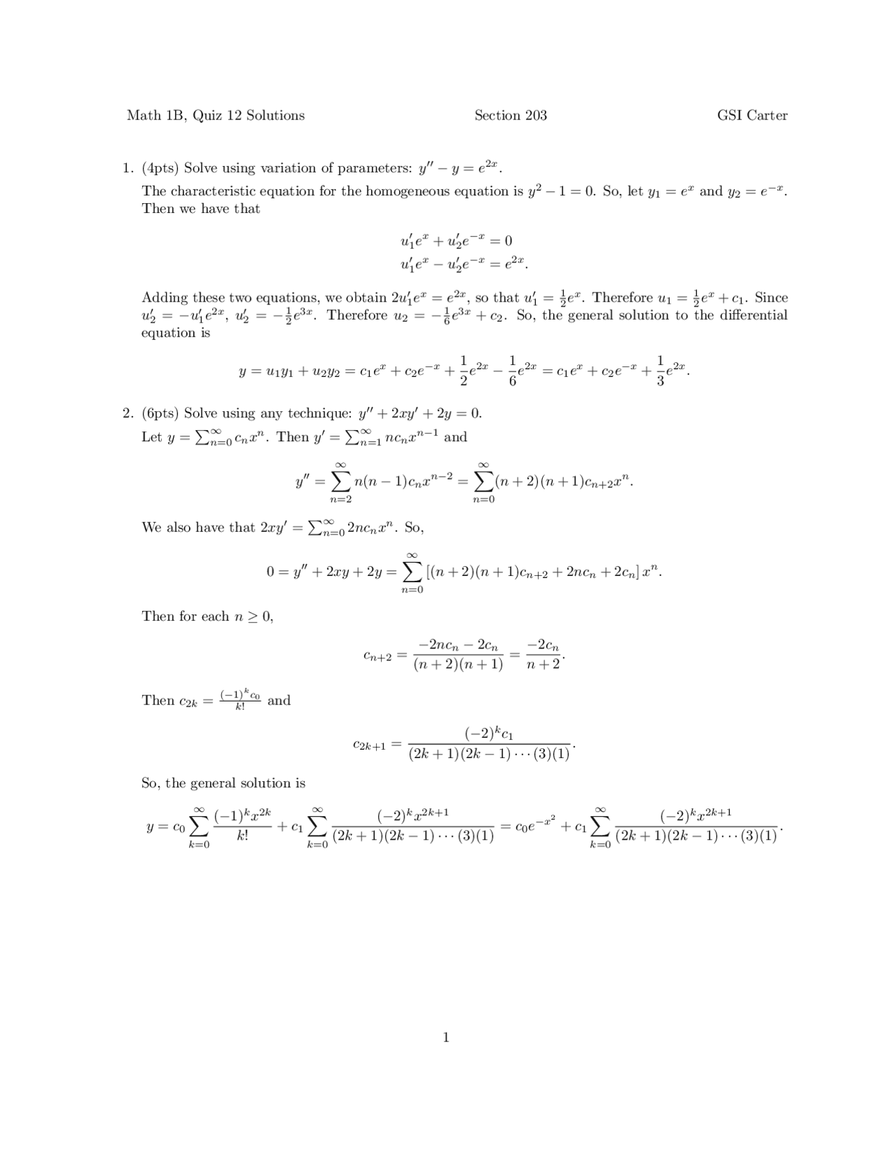 Quiz 12 Solutions - Section 203 - Calculus | MATH 1B - Docsity