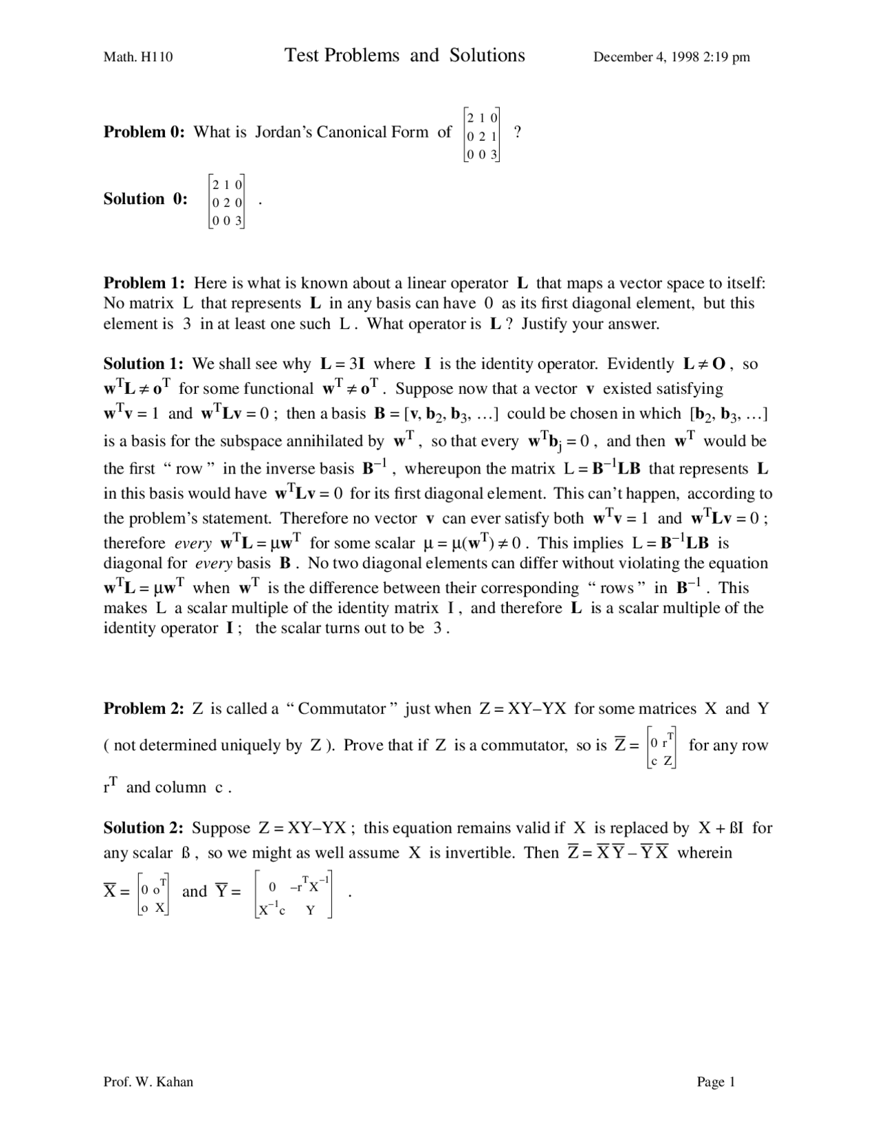 Test Problems Solutions Honors Linear Algebra Fall 1998 Math H110