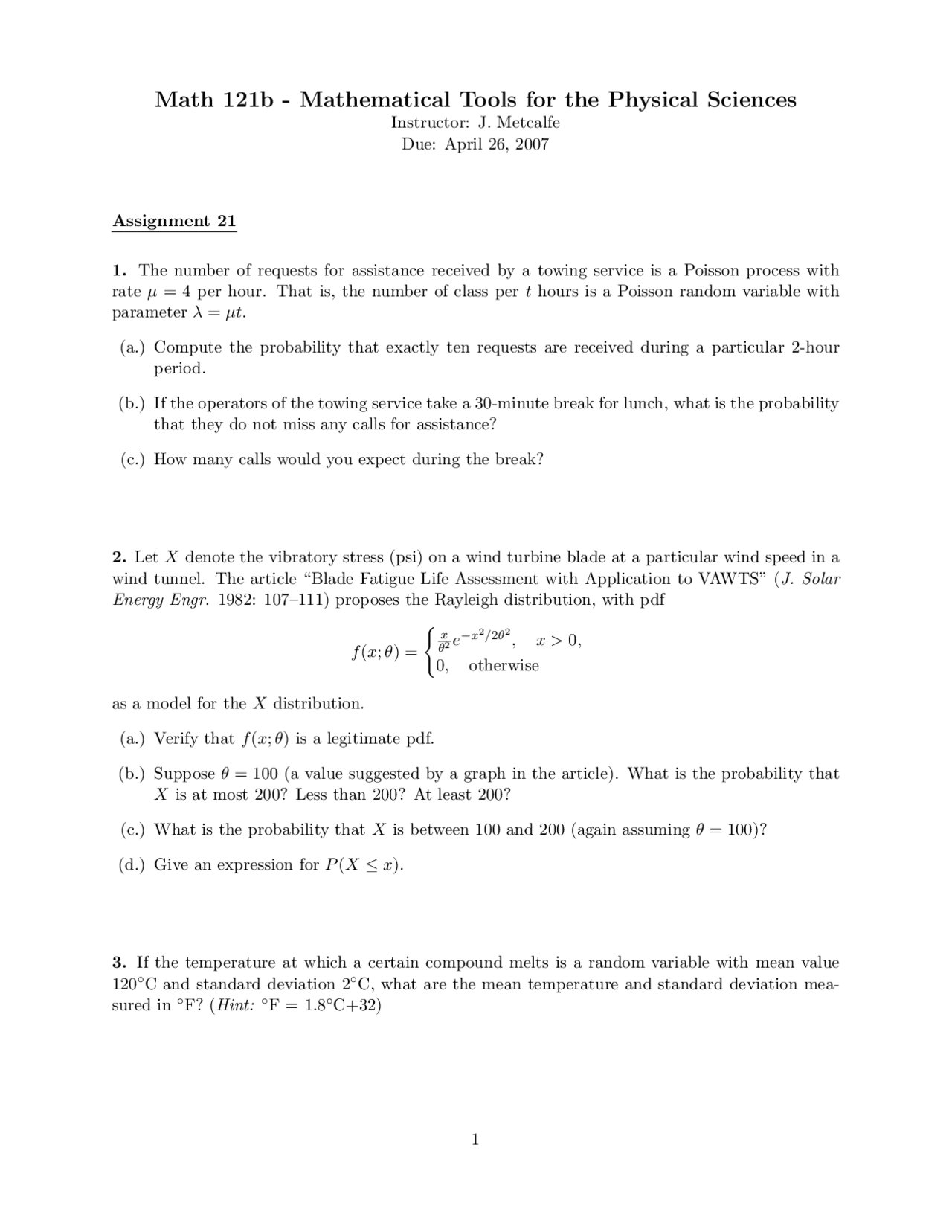 Mathematical Tools for the Physical Science - Assignment 21 | MATH 121B - Docsity