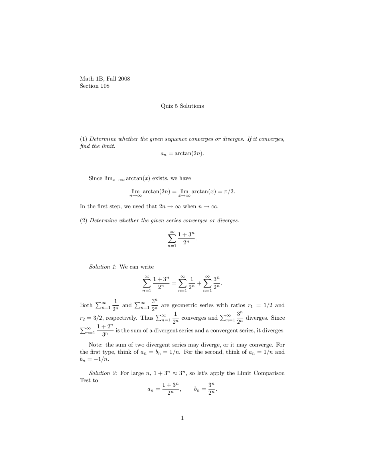 Quiz 5 Solutions - Calculus - Fall 2008 | MATH 1B - Docsity