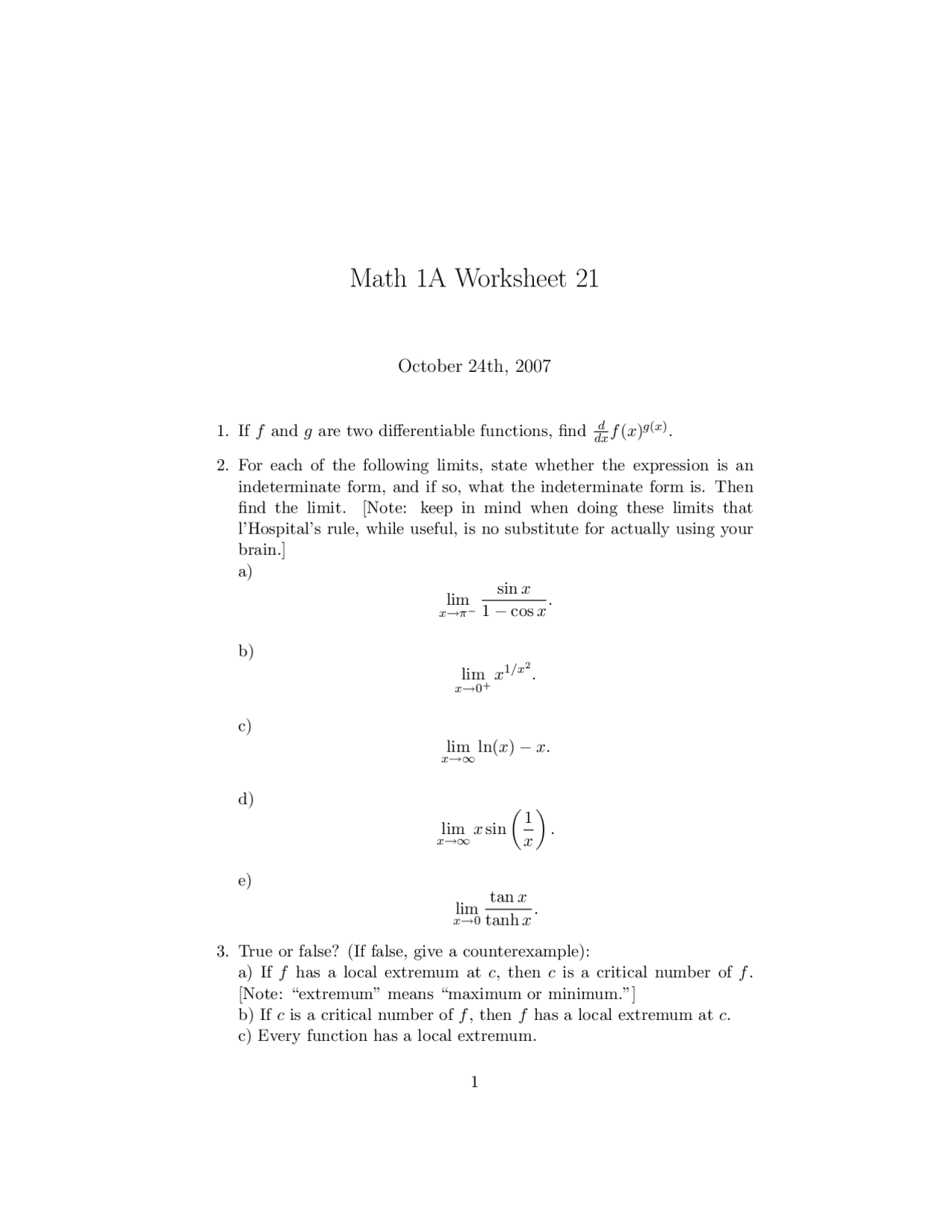 5 Questions For Worksheet 21 Calculus Math 1a Docsity