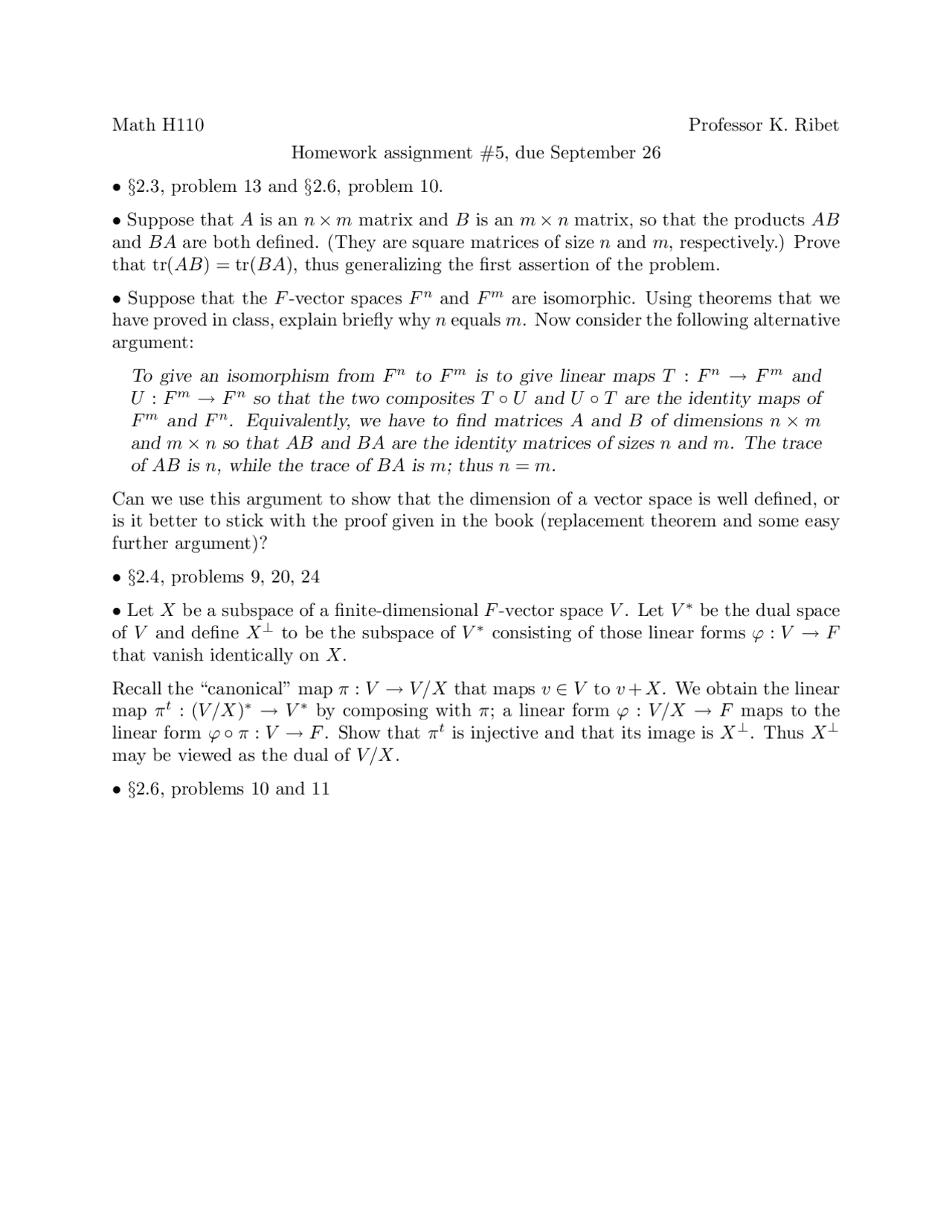 Honors Linear Algebra Homework Assignment 5 Math H110 Docsity