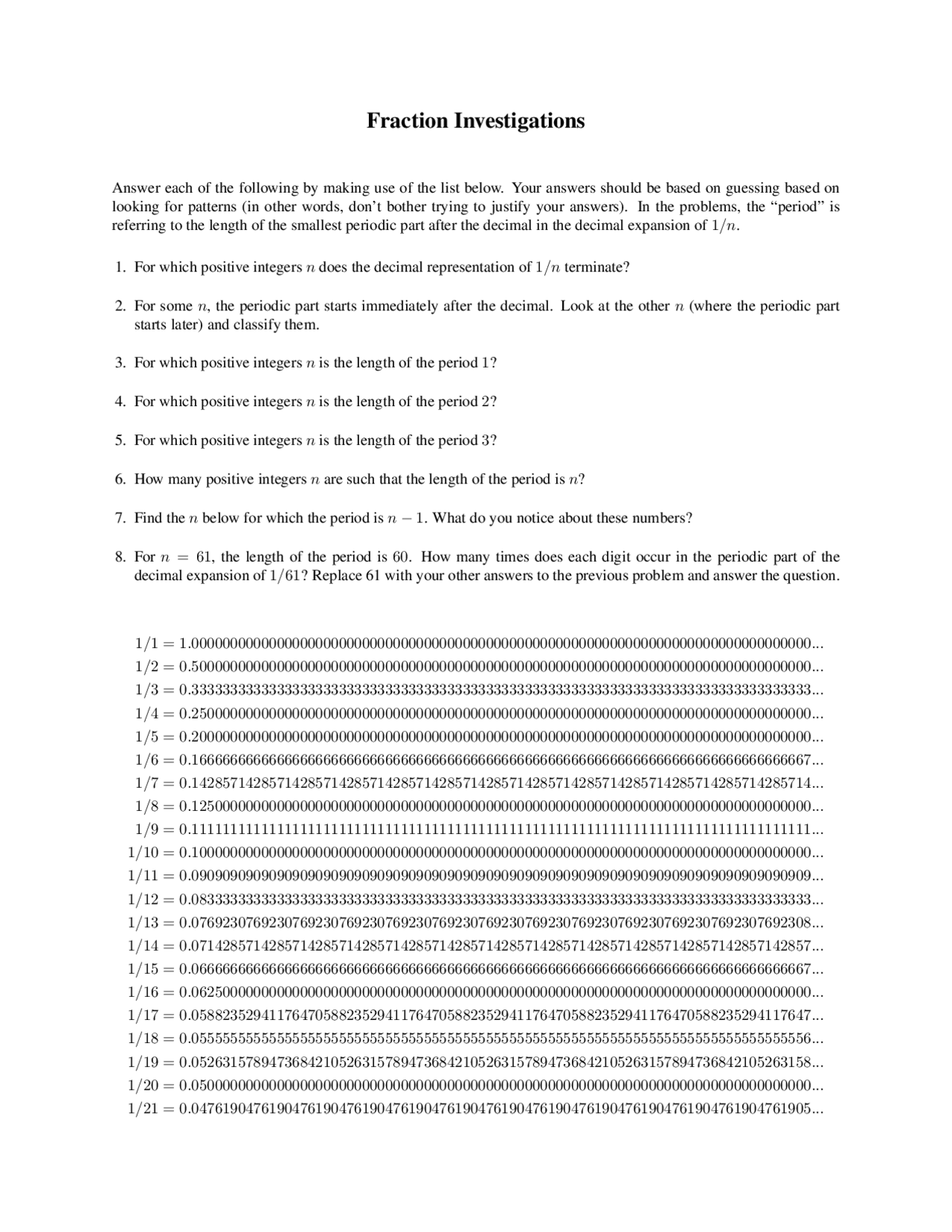 Fraction Investigations - Basic Concepts Elementary Mathematics I ...