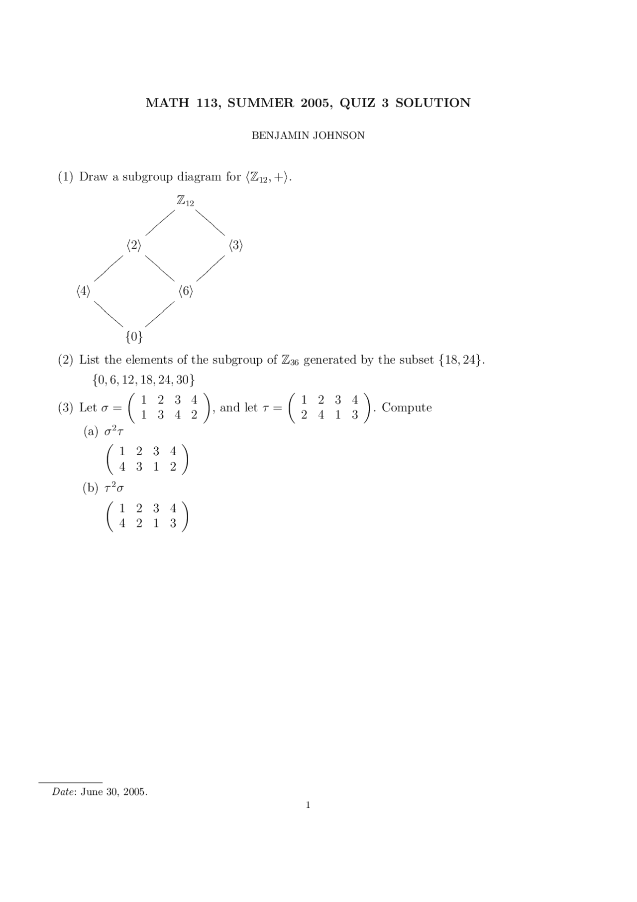 3 Solved Questions Of Introduction To Abstract Algebra Quiz 3 Math 113 Docsity