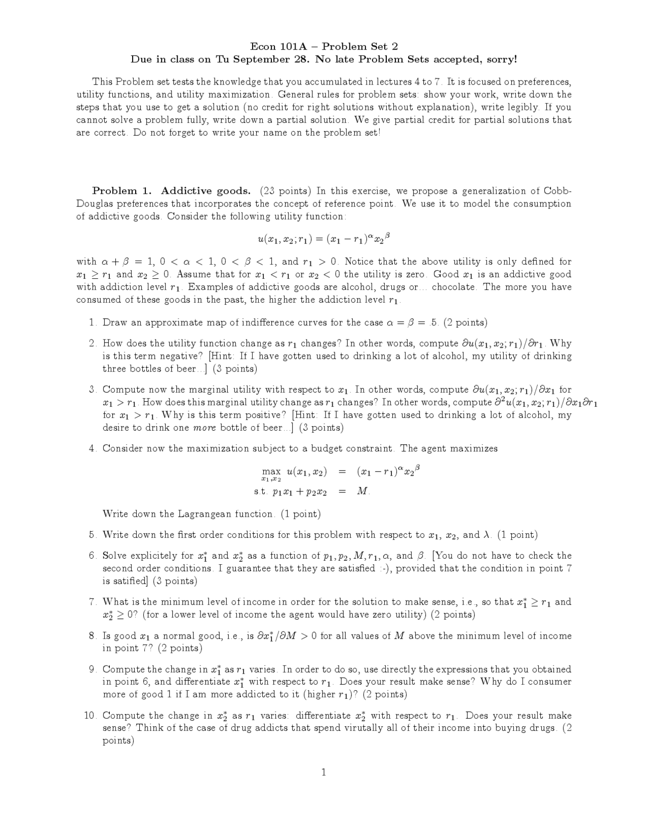 Problem Set 2 For Microeconomic Theory Econ 101a Docsity