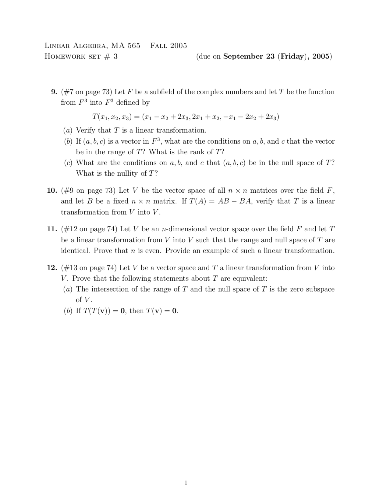 Homework Set 3 Questions Linear Algebra Ma 565 Docsity