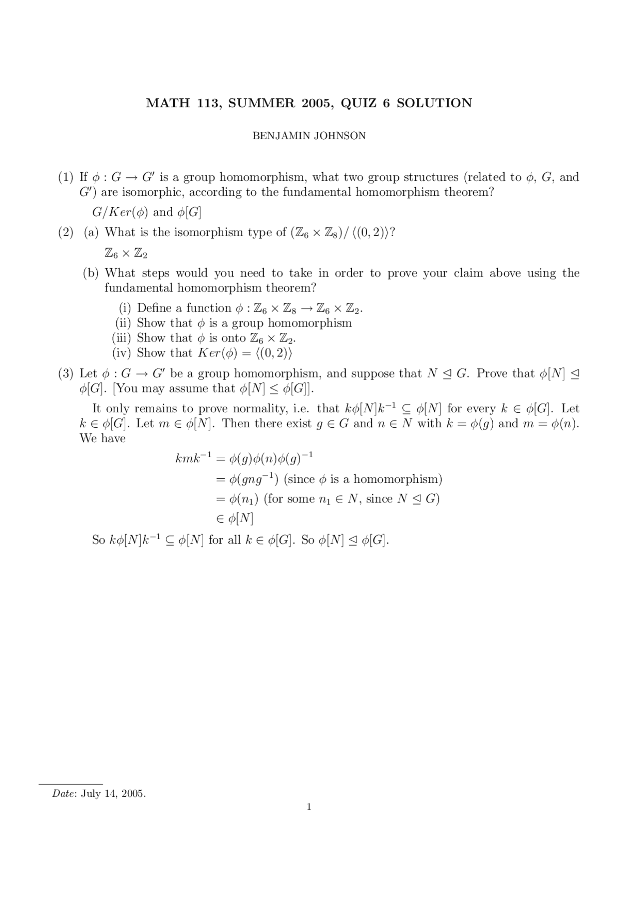 Introduction To Abstract Algebra Quiz 6 Solutions Summer 2005