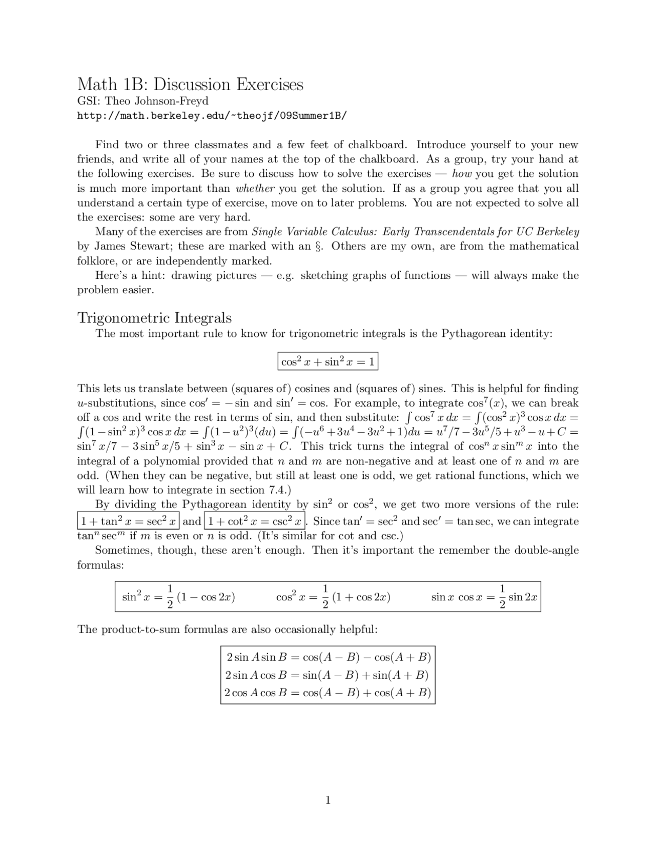 Trigonometric Integrals In Calculus Discussion Exercises Math 1b