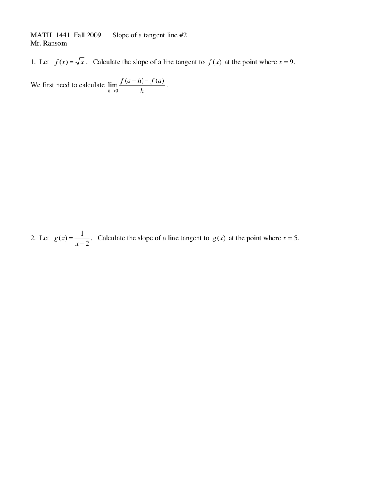Assignment 2 Slope Of Tangent Line Practice Problems On Calculus I
