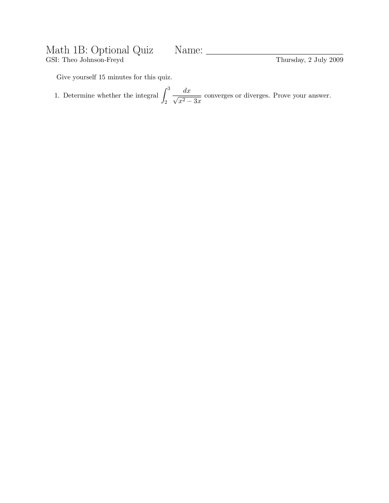 Questions On Calculus Optional Quiz Fall 2009 Math 1b Docsity