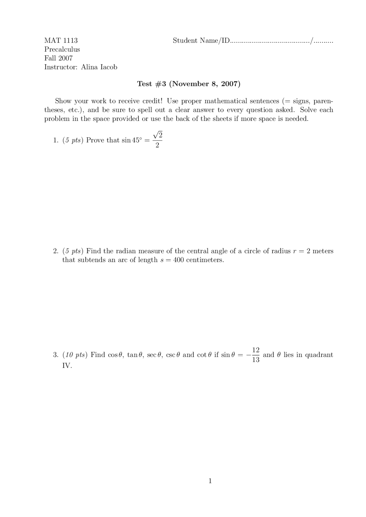 10 Problems On The Pre Calculus Examination 3 Math 1113 Docsity