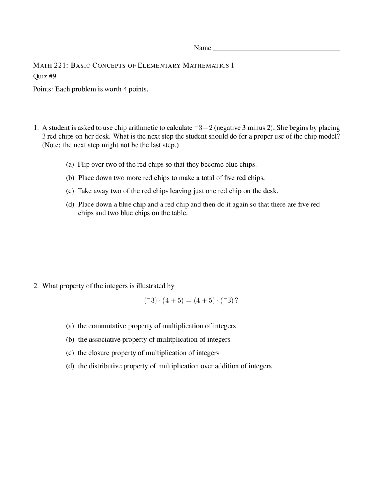 Basic Concepts of Elementary Mathematics I - Quiz 9 | MATH 221 - Docsity