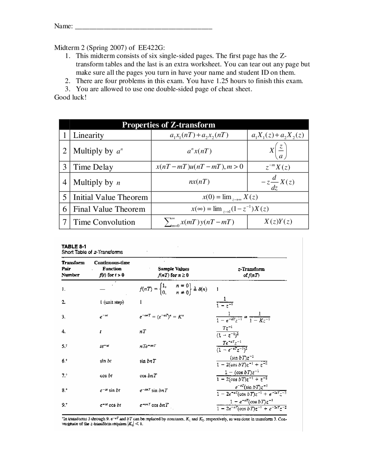 Properties Of Z Transform Signals And Systems Lab Ee 422g Docsity
