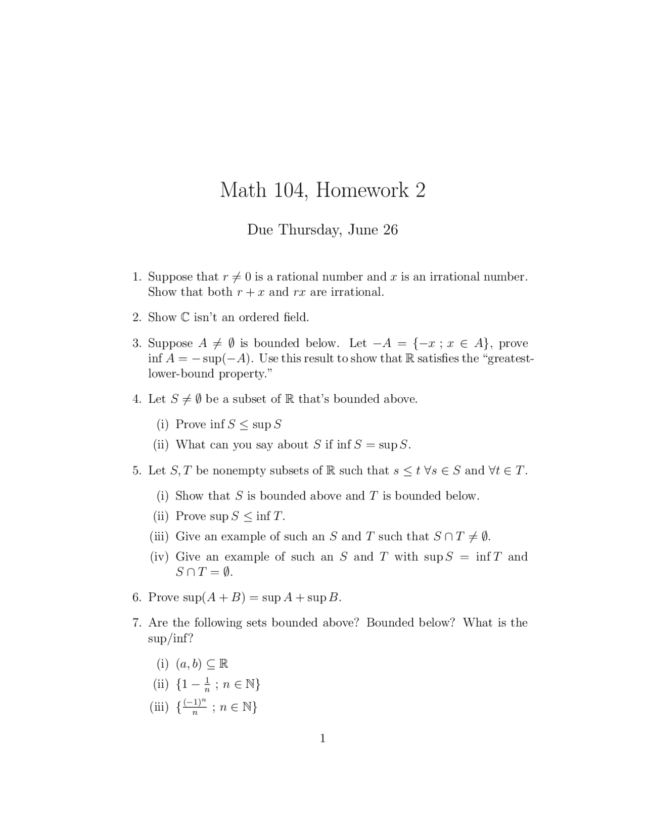 7 Questions For Assignment 2 Introduction To Analysis Math 104 Docsity