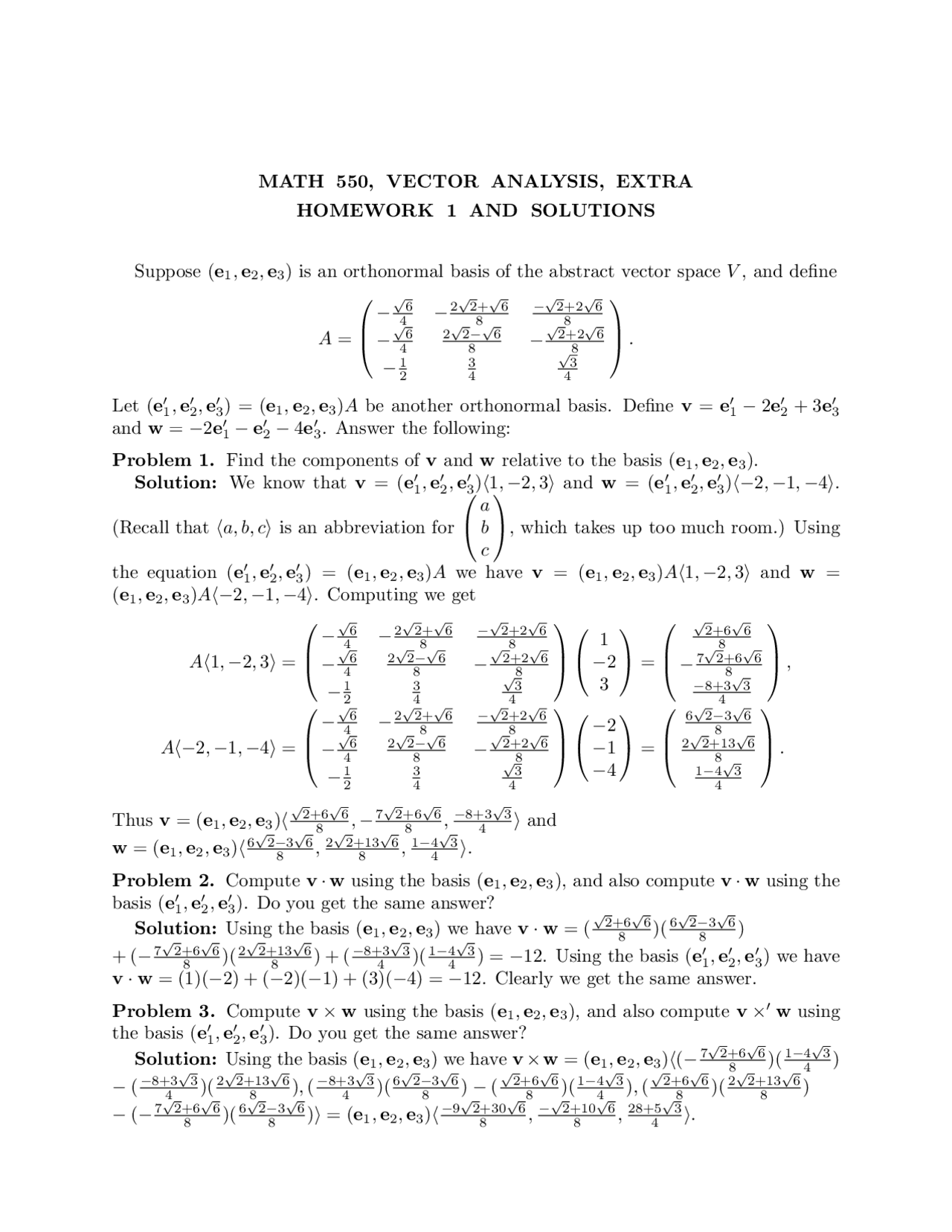 Homework 1 Solutions Vector Analysis Math 550 Docsity