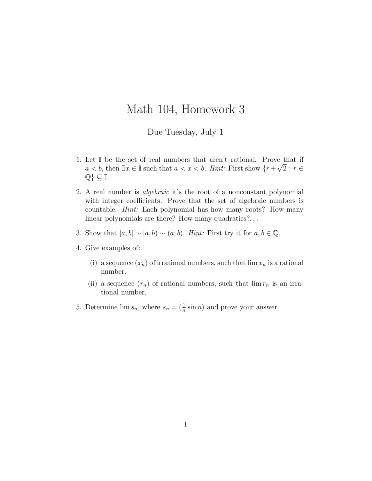 5 Questions For Introduction To Analysis Homework 3 Math 104 Assignments Mathematics Docsity