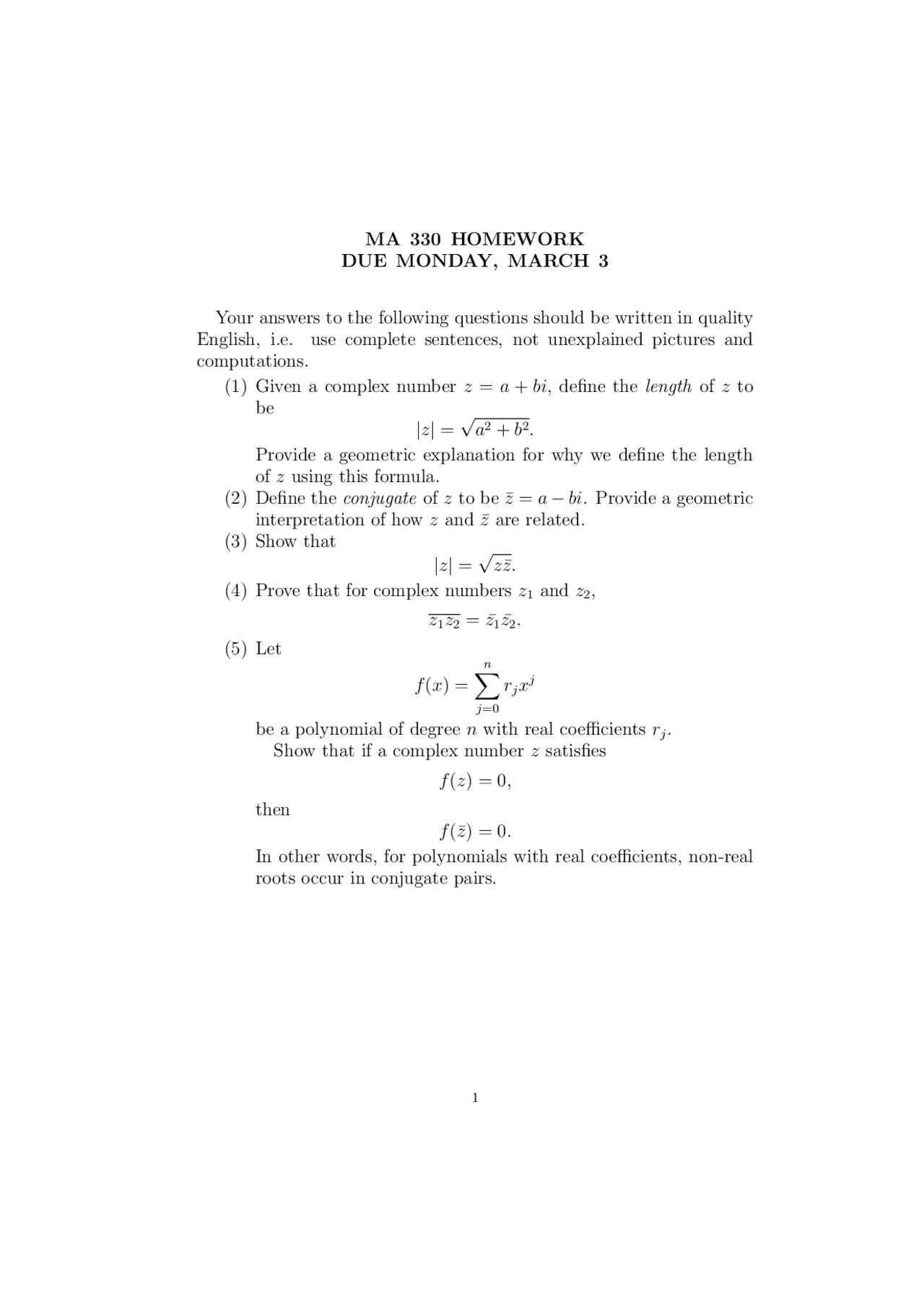 5 Problems On The Real Coefficients Worksheet Ma 330 Docsity