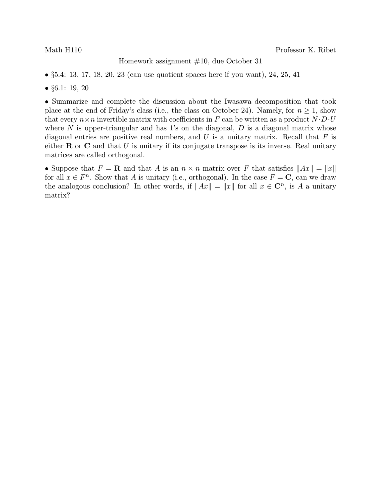 Homework Assignment 10 Problems On Honors Linear Algebra Math H110