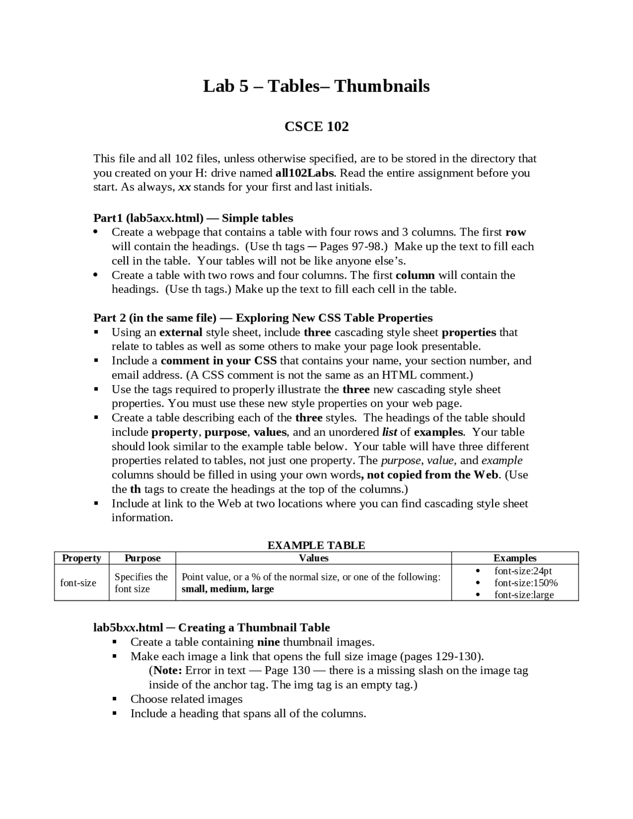 Tables Thumbnails General Applications Programming Lab Csce 102 Docsity