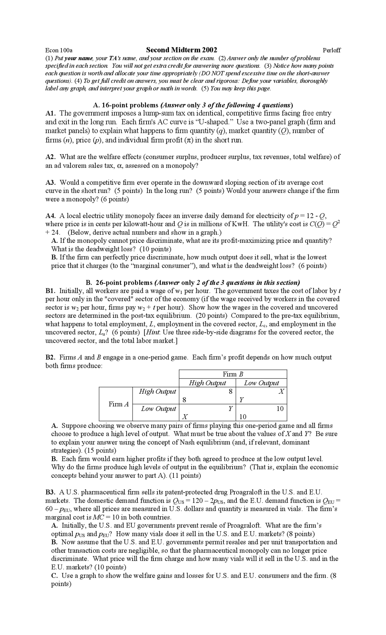 Questions For Midterm Exam 2 Micro Economic Analysis Econ 100a