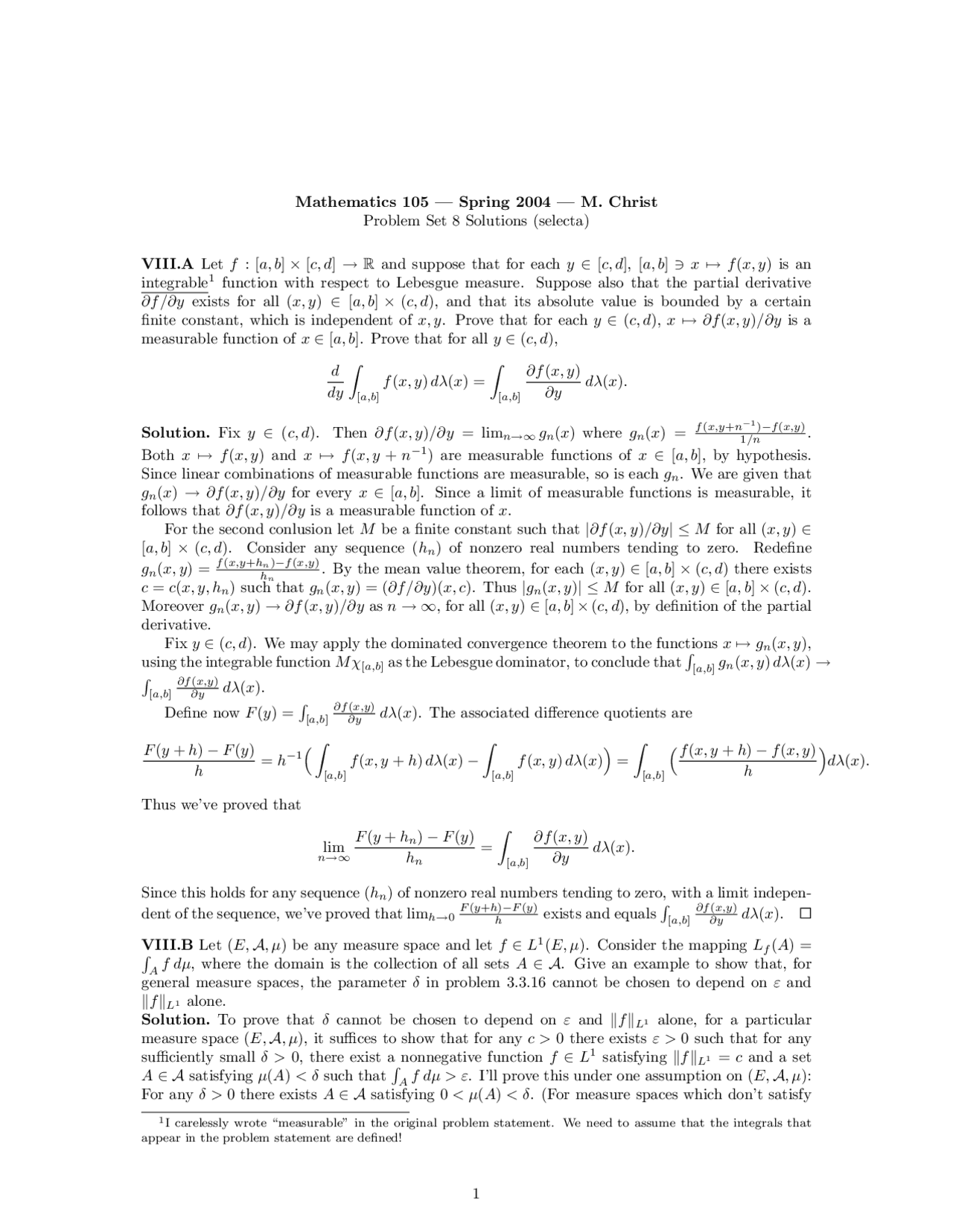 Problem Set 8 with Solutions | Analysis II | MATH 105 - Docsity