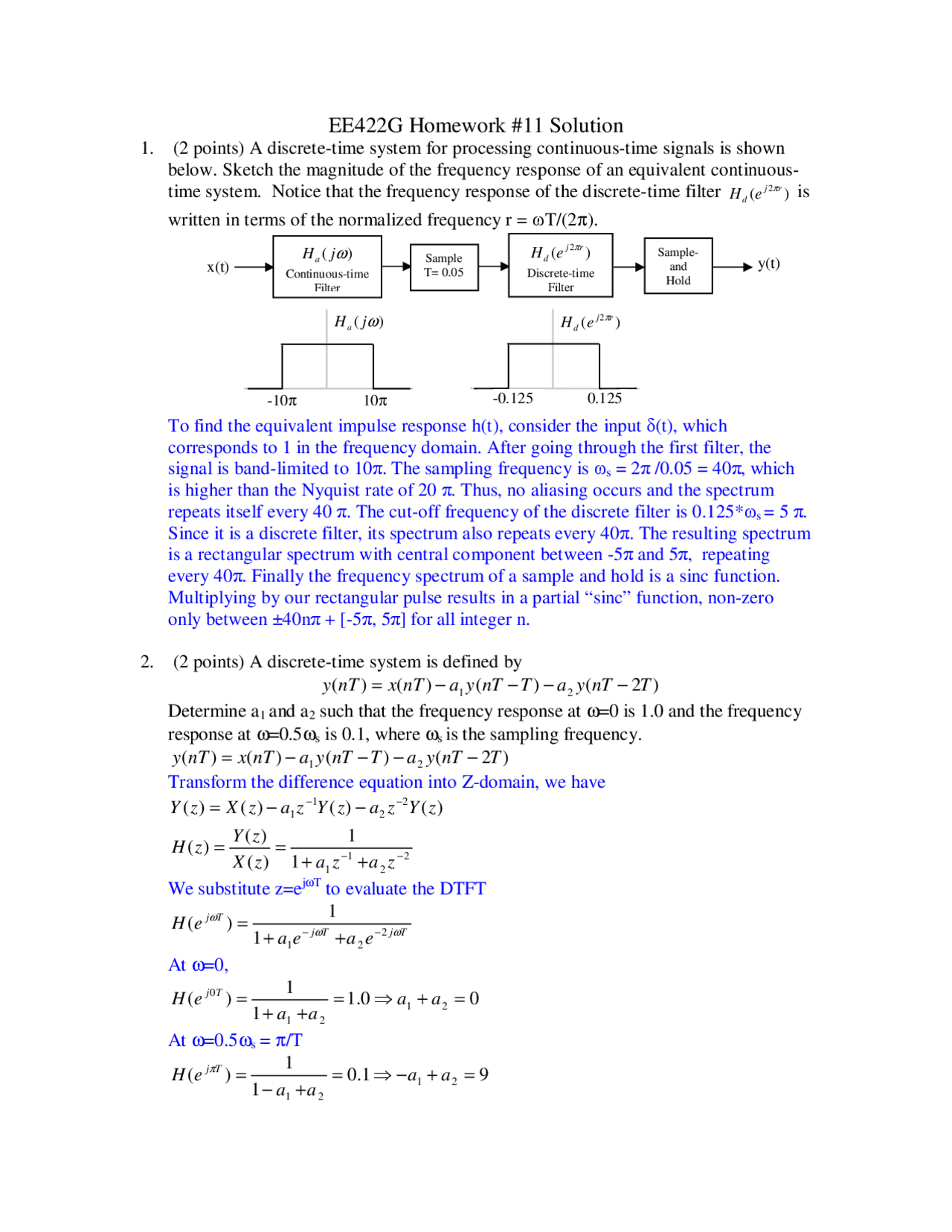 Homework 11 With Solutions Signals And Systems Laboratory Ee 422g
