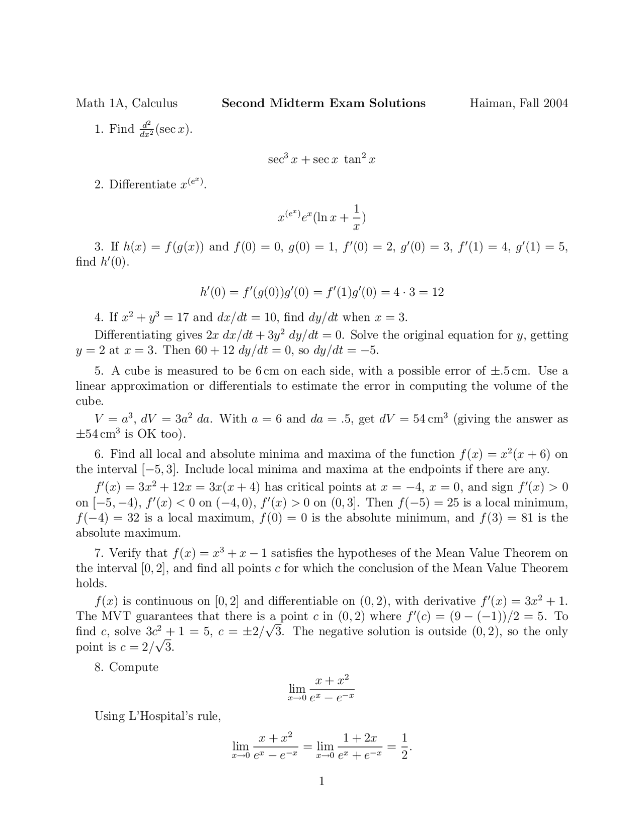Second Midterm Exam Solution on Calculus | MATH 1A | Exams Calculus | Docsity