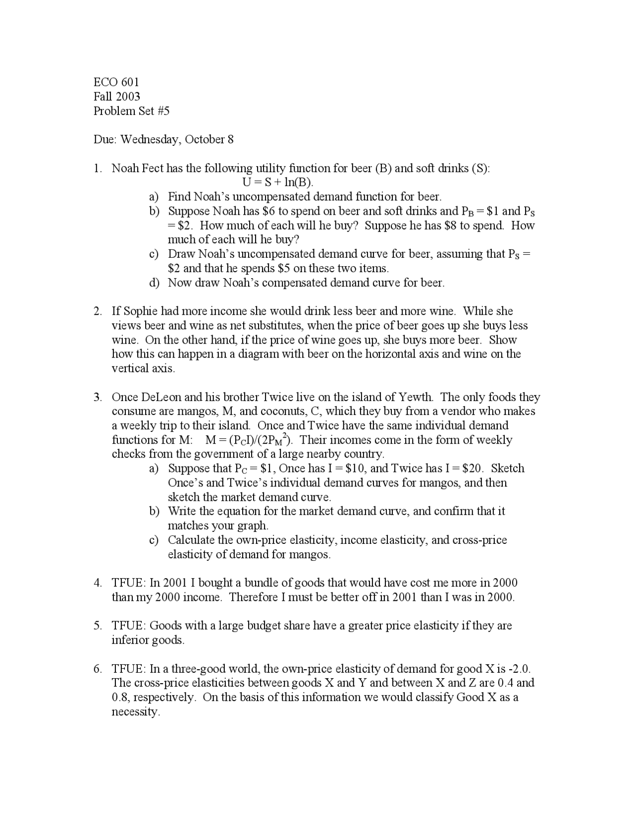Advanced Microeconomic Theory Problem Set 5 Eco 601 Docsity