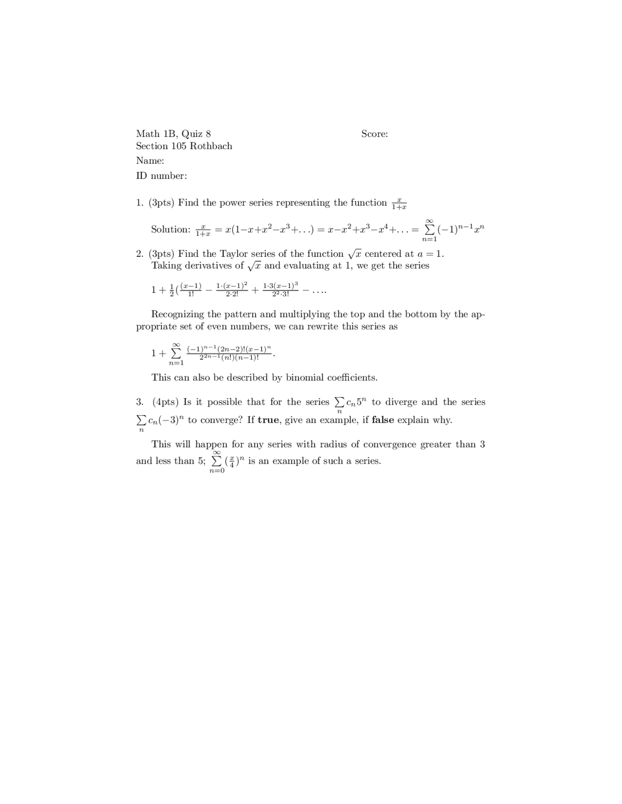 Calculus - Questions for Quiz VIII | MATH 1B | Quizzes Calculus | Docsity