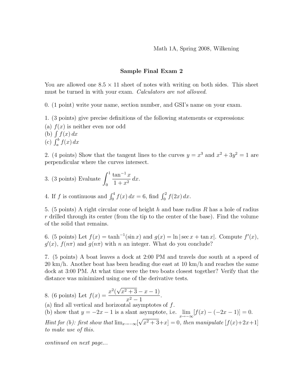 Sample Final Exam 2 - Calculus | MATH 1A - Docsity
