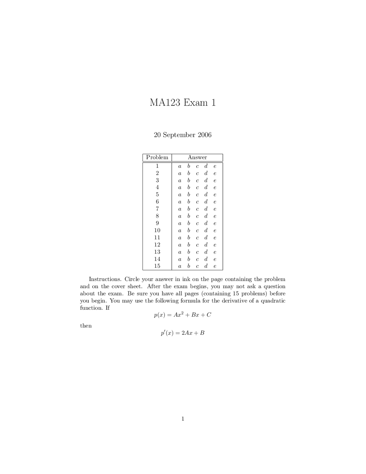 Exam 1 For Elementary Calculus And Its Applications Ma 123 Docsity