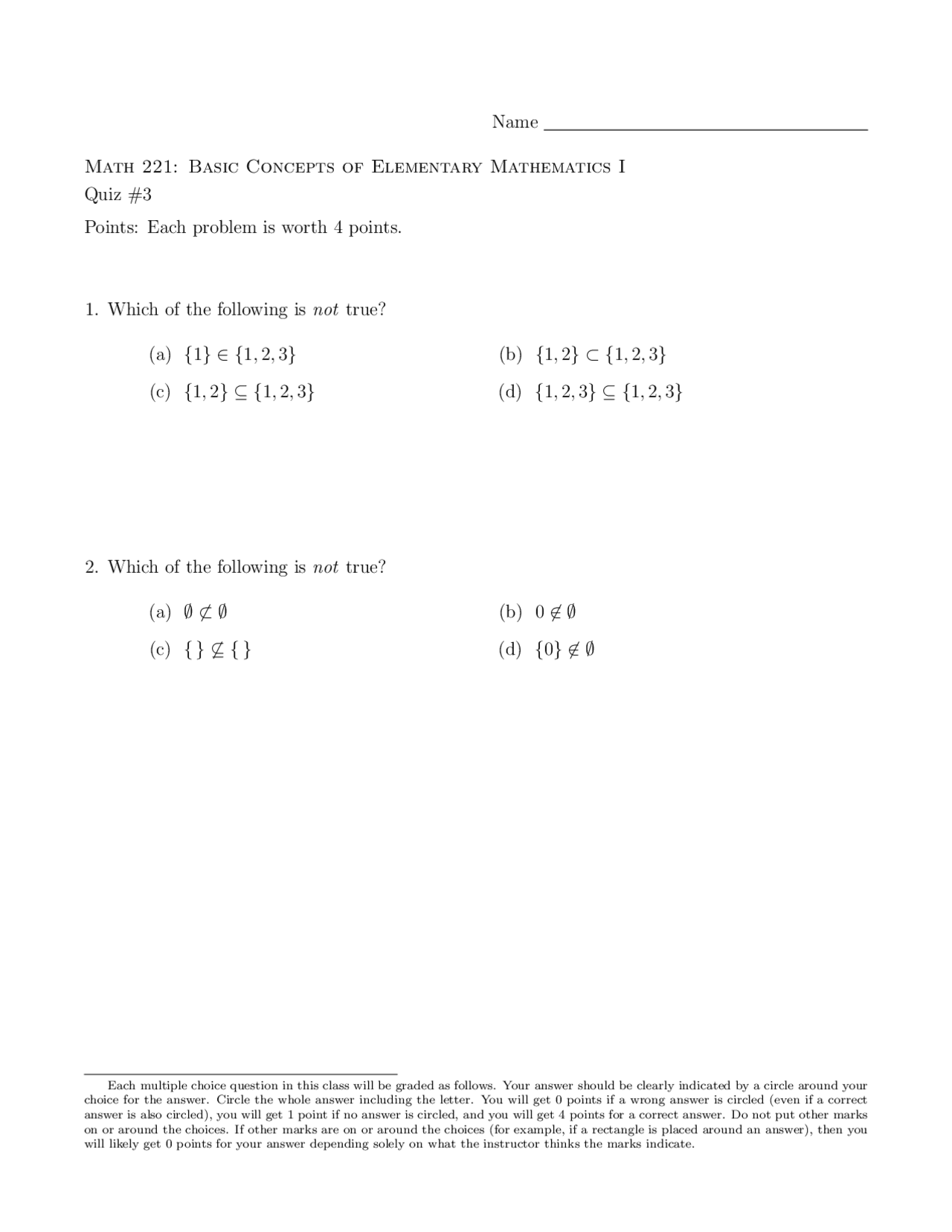 Basic Concepts Of Elementary Mathematics I Quiz 3 Math 221 Docsity