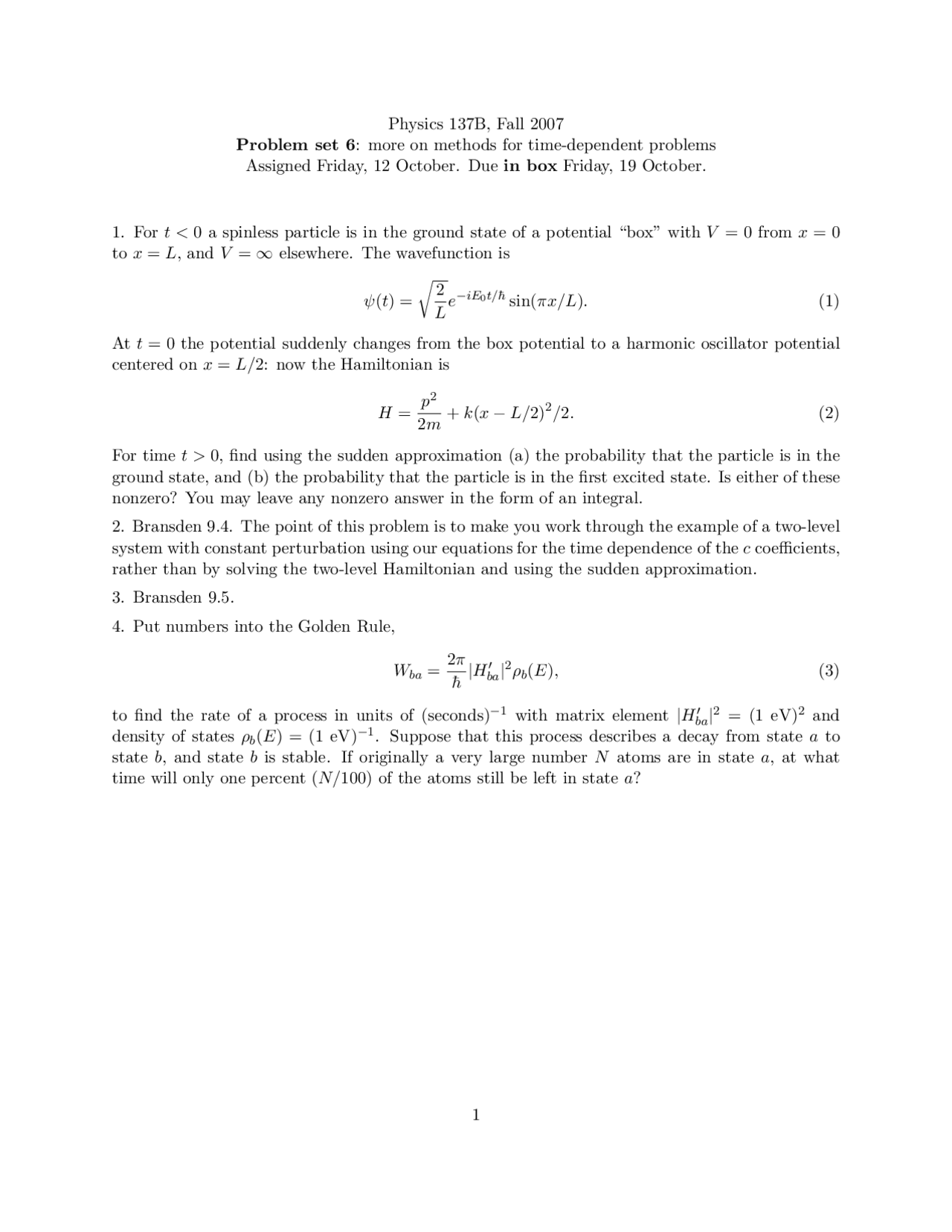 4 Solved Problems on Methods for Time Dependent - Homework 6 | PHYSICS 137B - Docsity