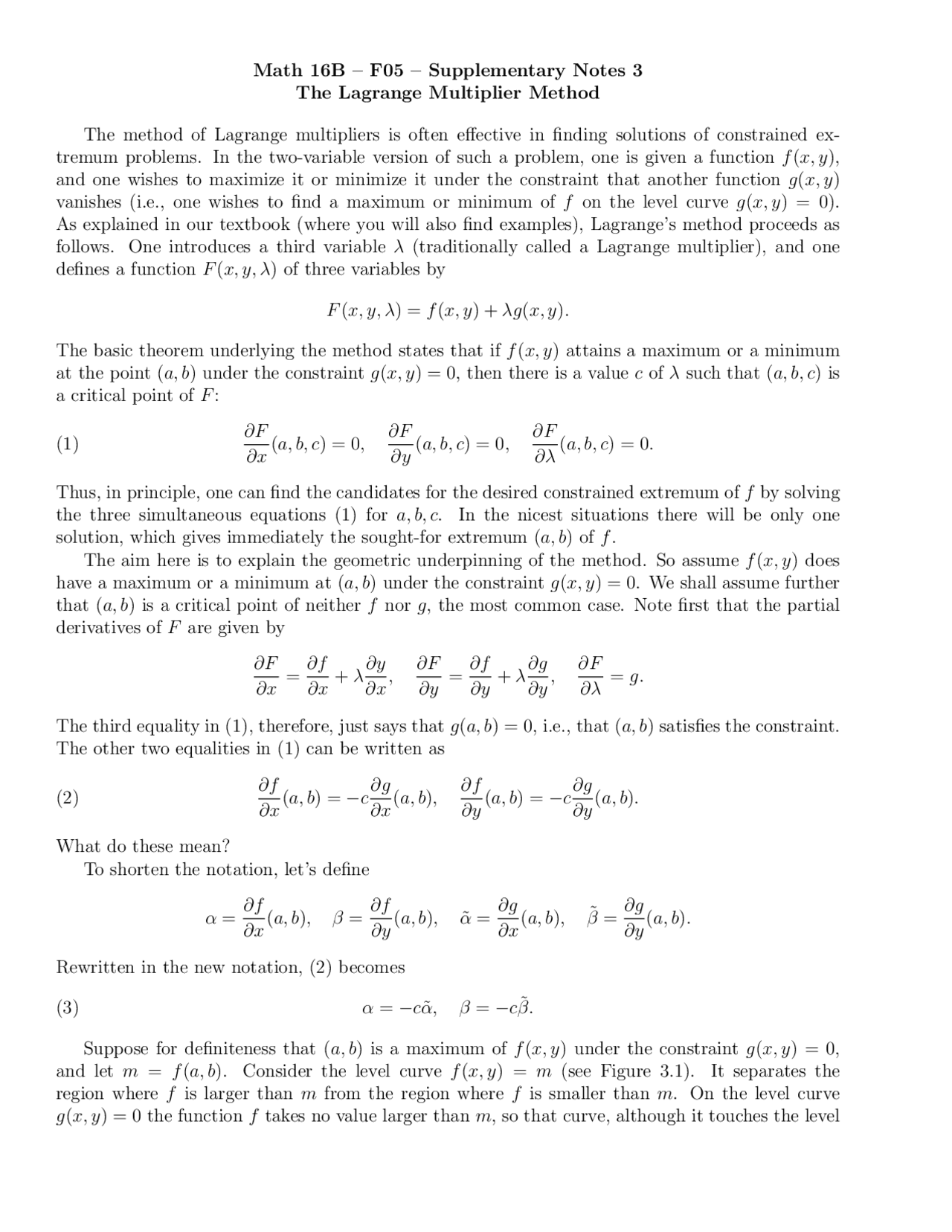 The Lagrange Multiplier Method Supplementary Notes Math 016b Docsity