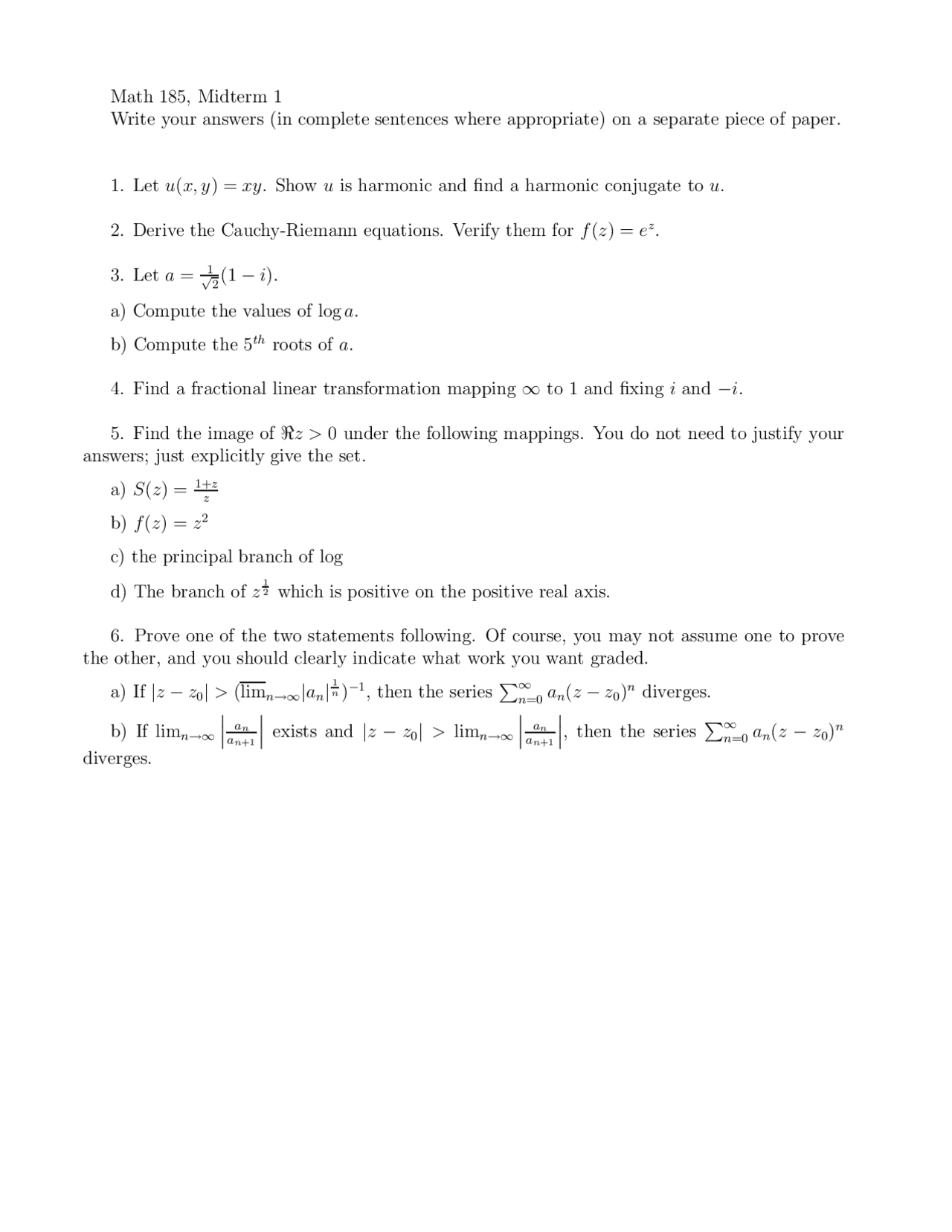 Midterm Exam 1 Questions Introduction To Complex Analysis Math 185