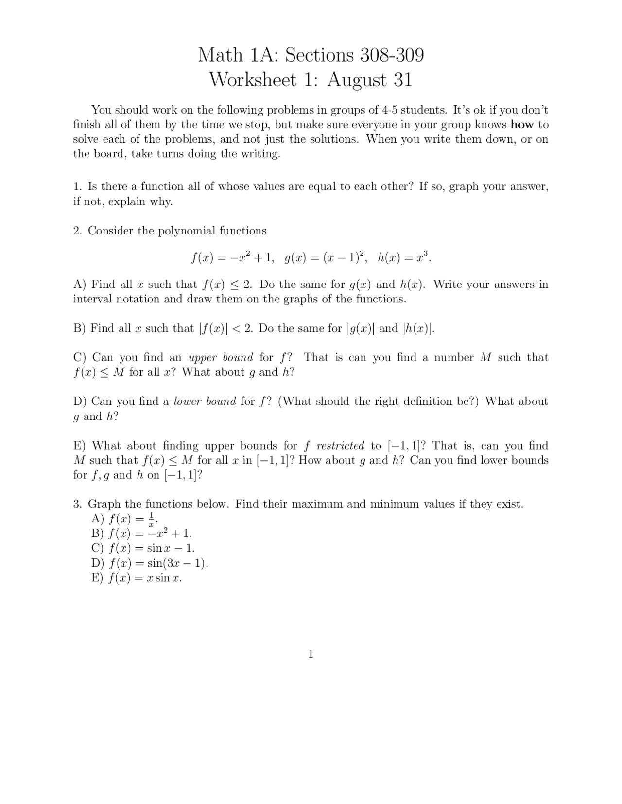 Worksheet 1 with 3 Practice Questions on Calculus | MATH 1A - Docsity