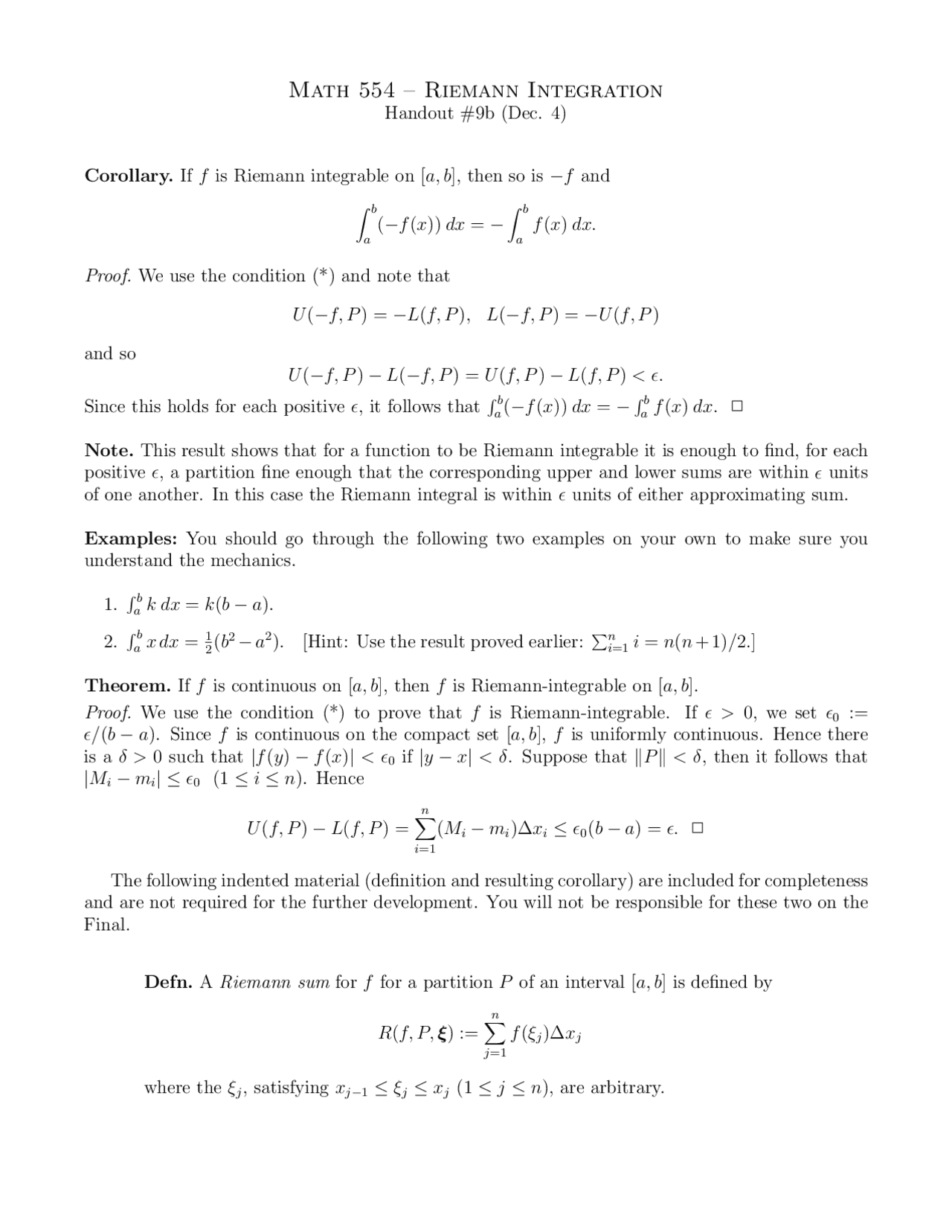 Solved Theorems on Riemann Integration - Handout 9 | MATH 554 - Docsity