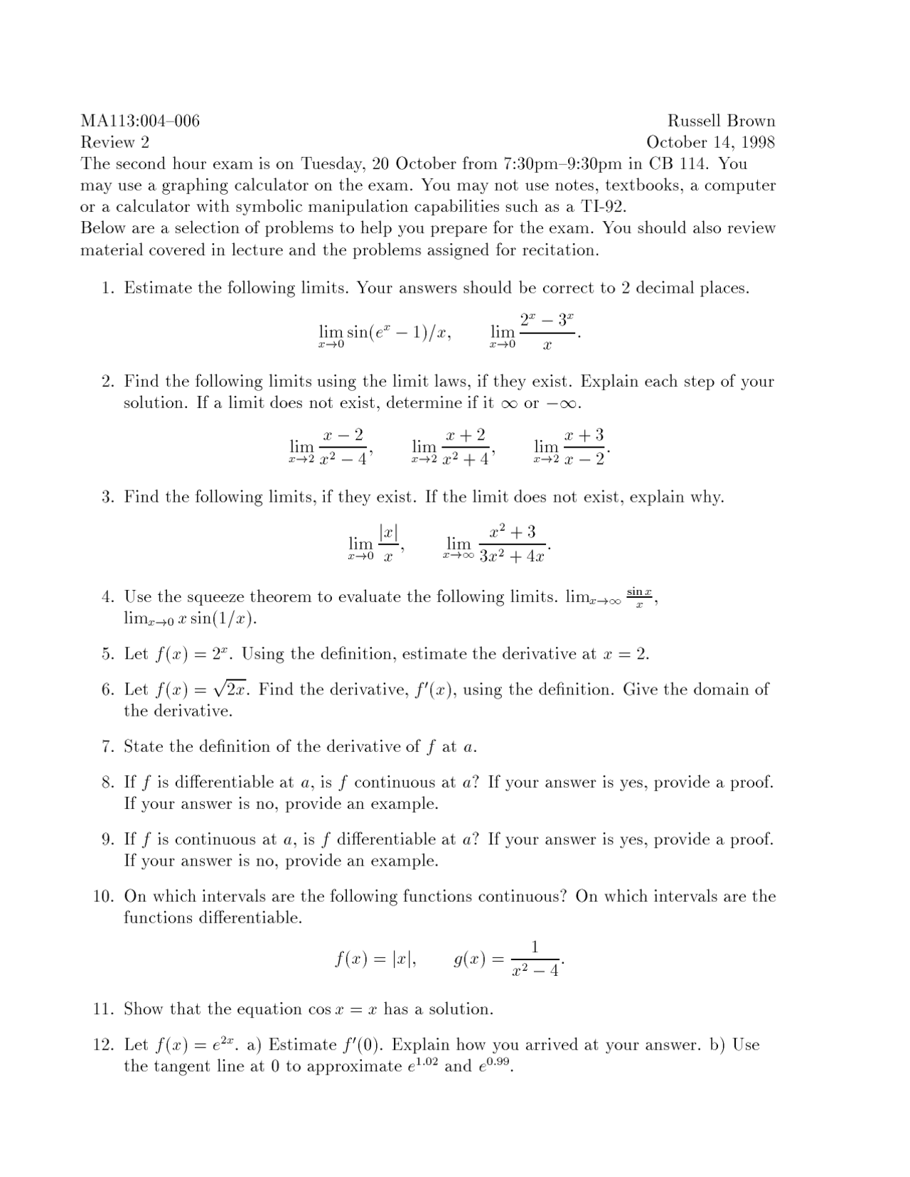 18 Questions On Calculus I Exam 2 Ma 113 Docsity