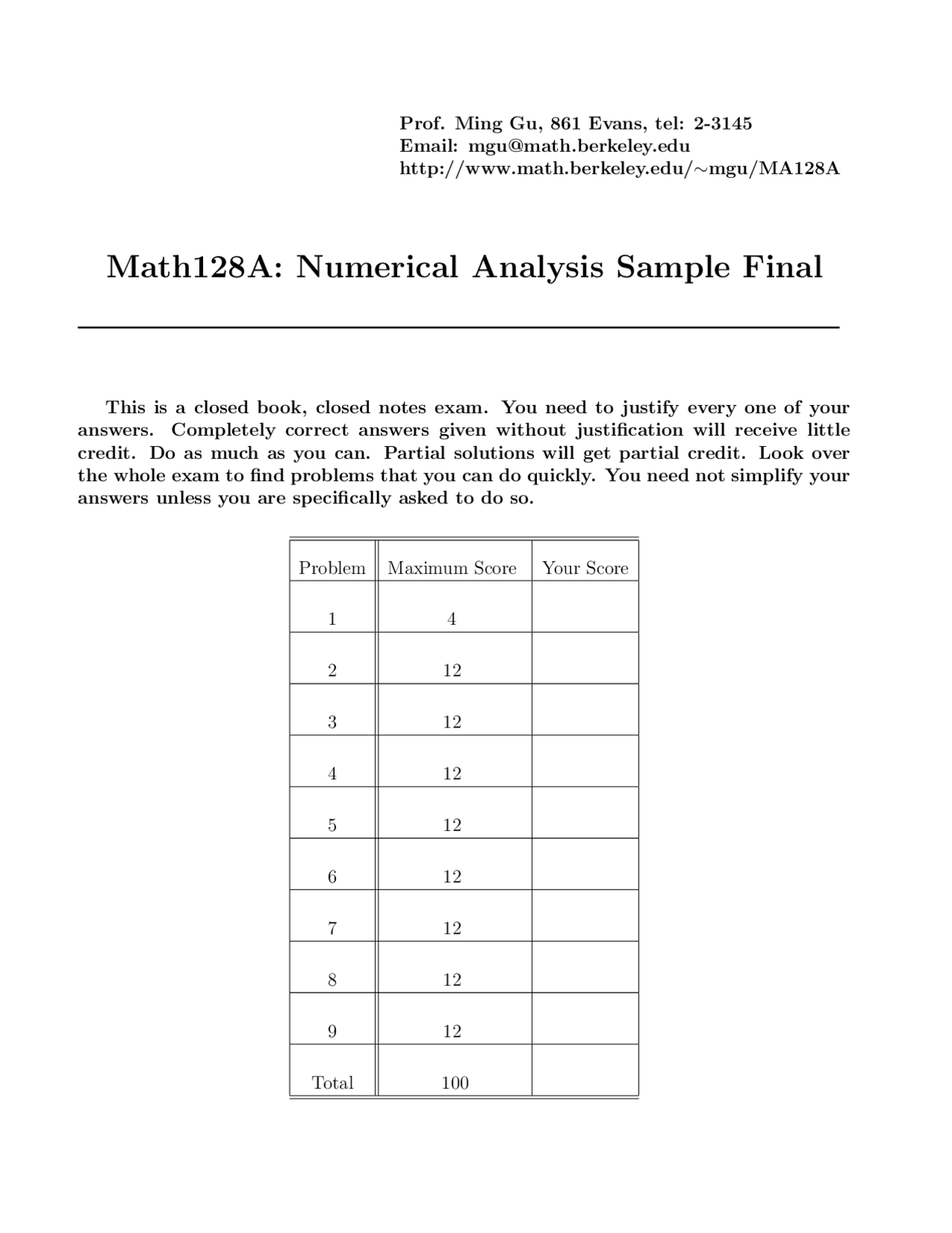 Sample Final Exam Numerical Analysis Math 128a Docsity