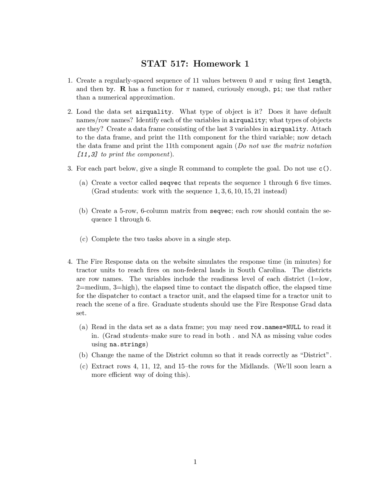 4 Questions For Assignment 1 Computing In Statistics Stat 517 Docsity