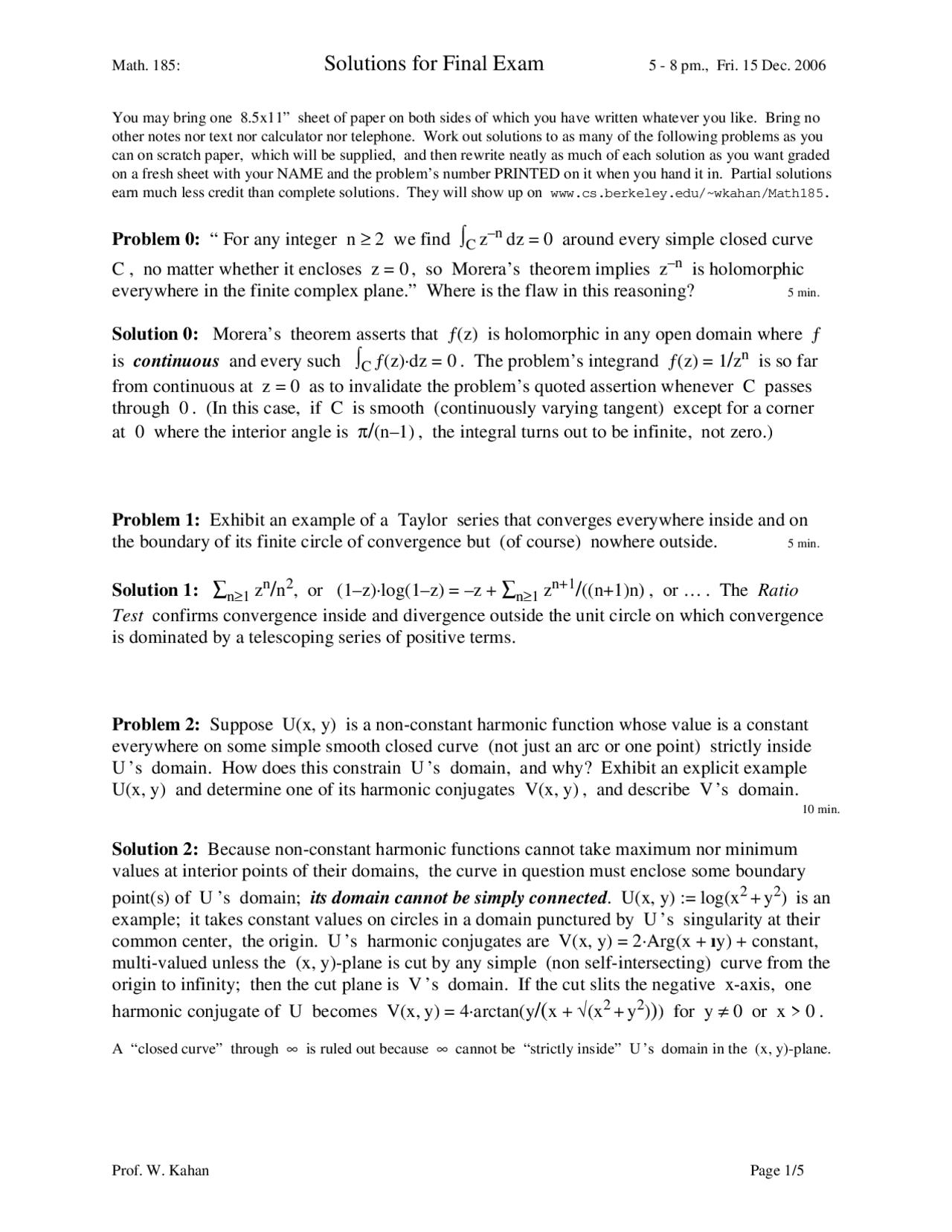Solutions For Final Exam Introduction To Complex Analysis Fall 2006