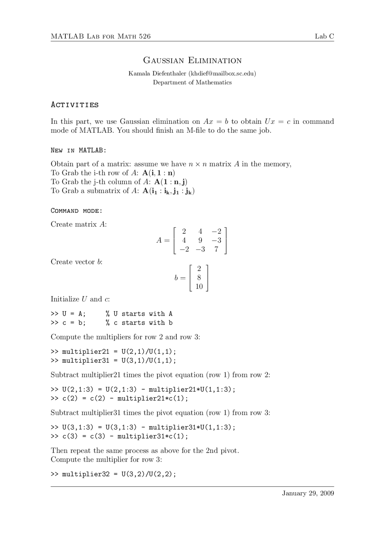 Gaussian Elimination Numerical Linear Algebra Lab Math 526 Docsity