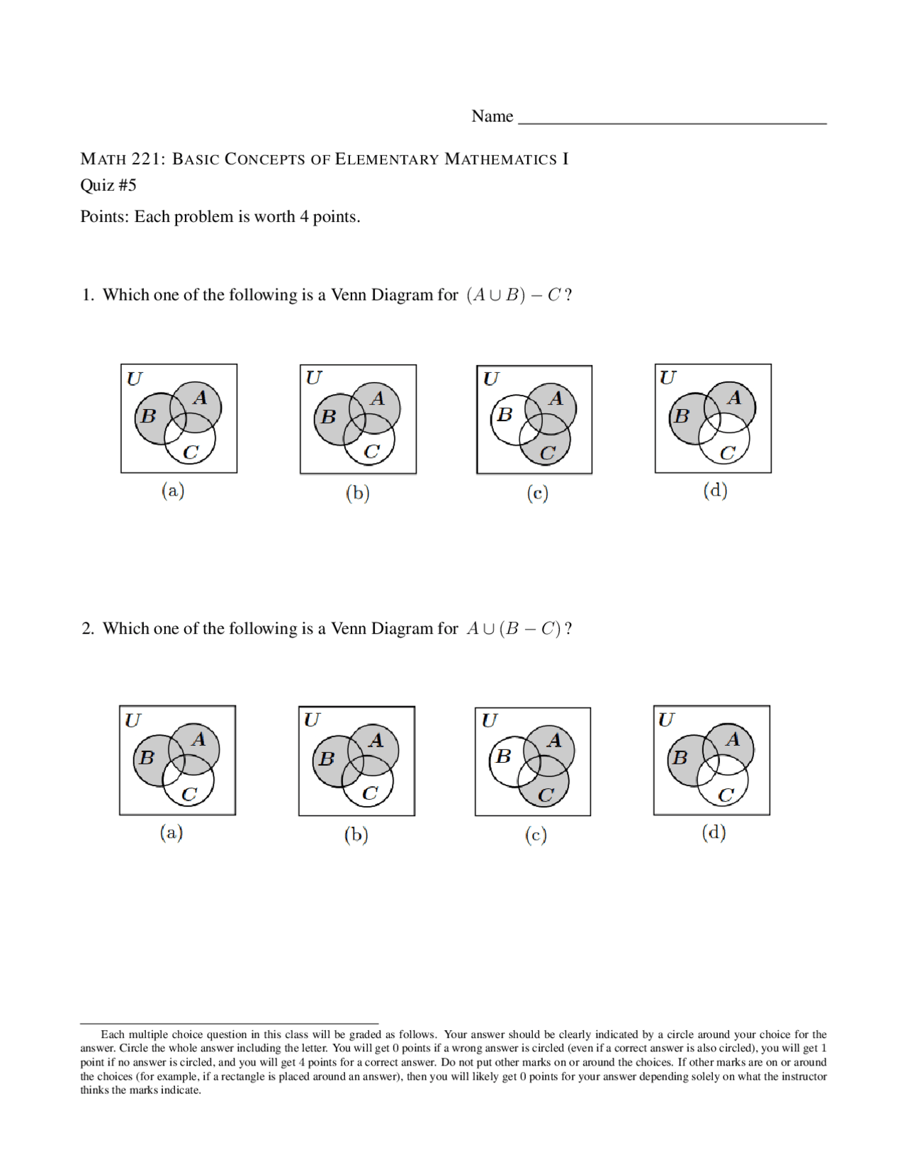 Basic Concepts Of Elementary Mathematics I Quiz 5 Math 221 Docsity