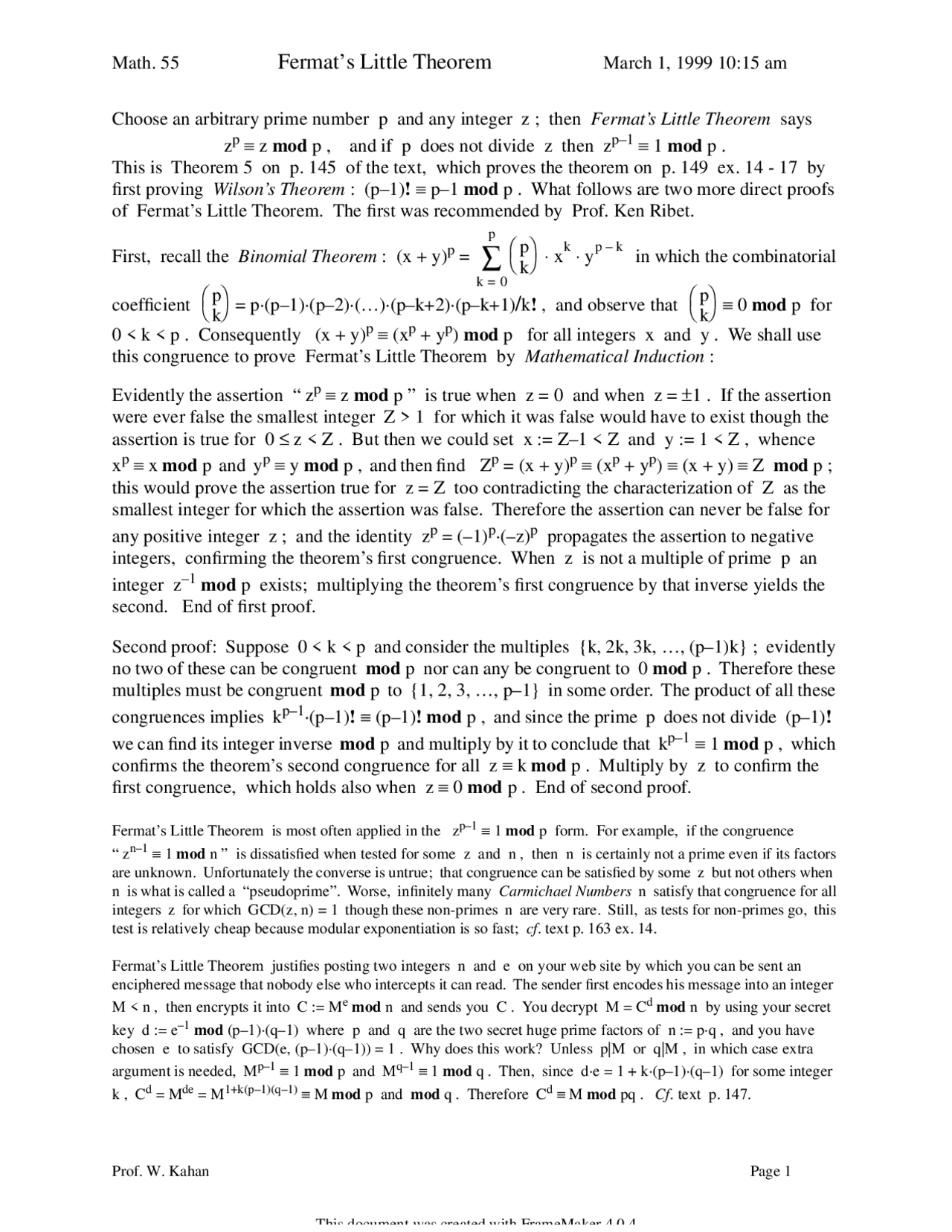Fermat's Little Theorem - Discrete Mathematics | MATH 055 - Docsity