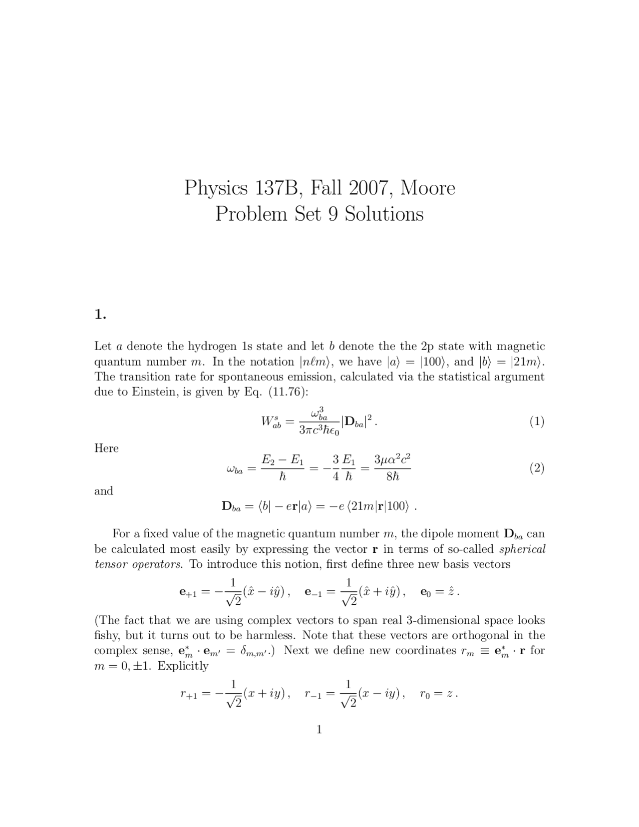 5 Solved Problems in Assignment 9 on Quantum Physics | PHYSICS 137B - Docsity