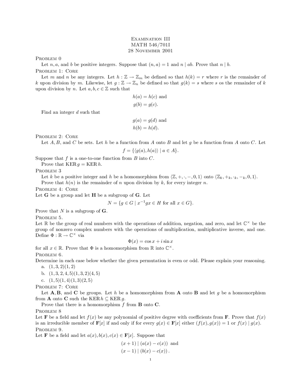 10 Problems Exam 3 Algebraic Structures I Math 546 Docsity