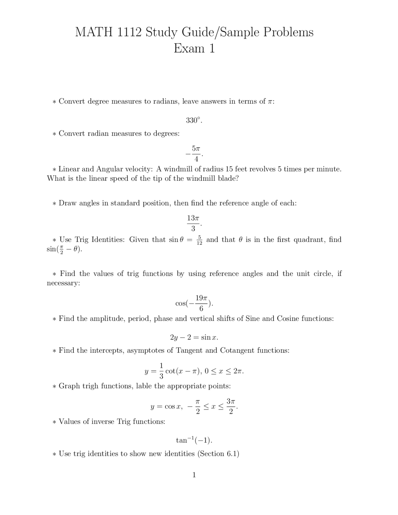 Sample Problems on Radian Measure and Degree - Exam 1 Study Guide ...