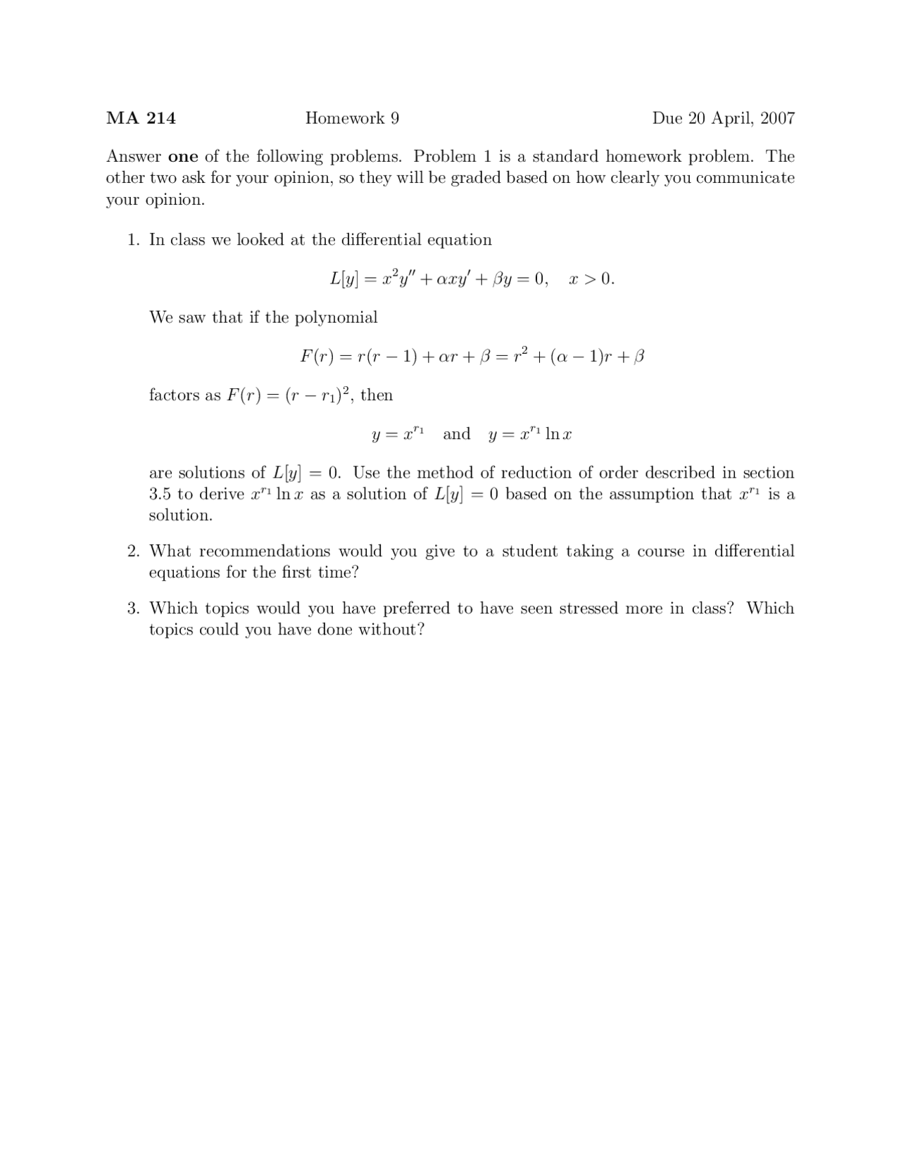 Assignment 9 Practice Questions Calculus Iv Ma 214 Docsity